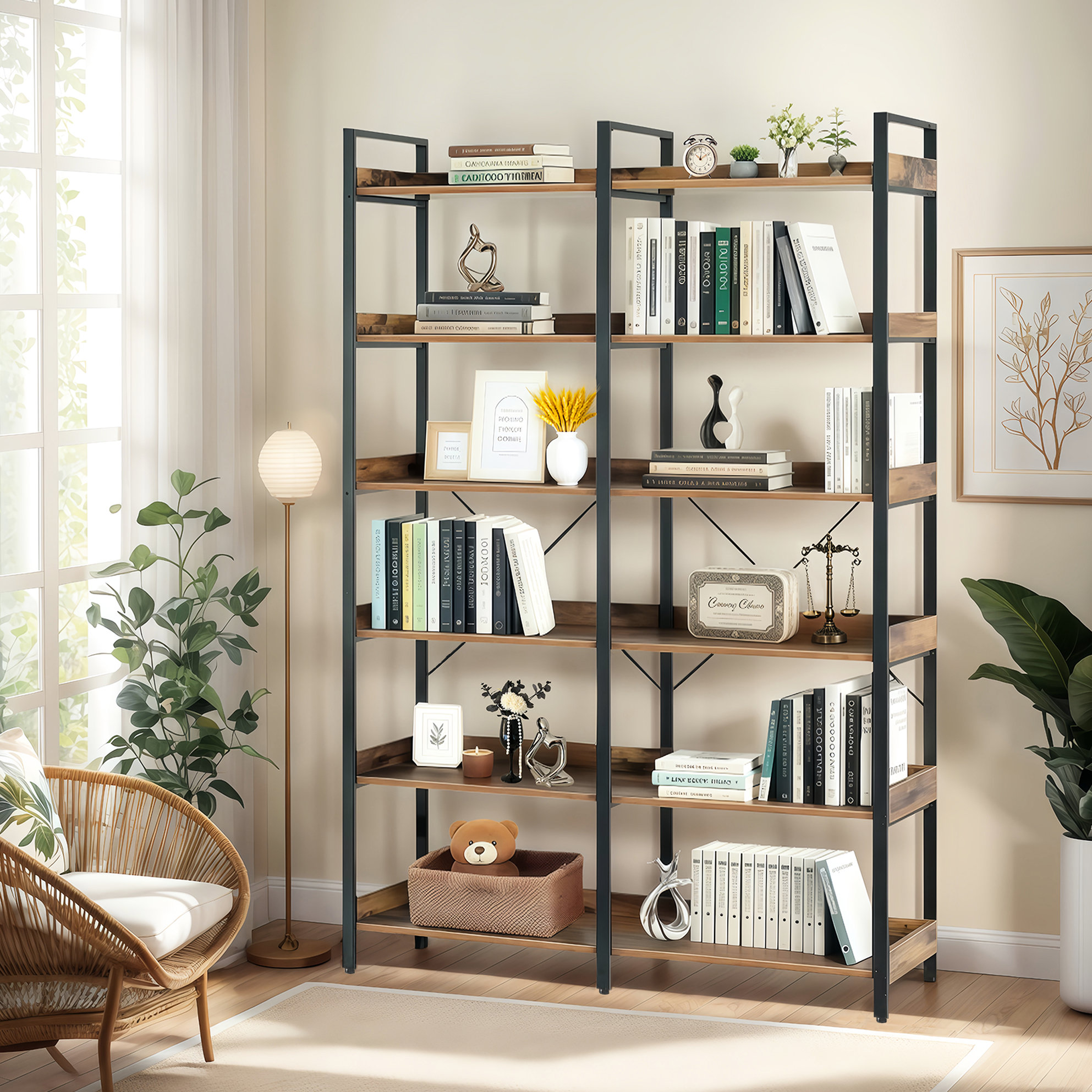 fengshu 67" 6 Freestanding Metal Frame Bookshelf With Open Shelves, For ...
