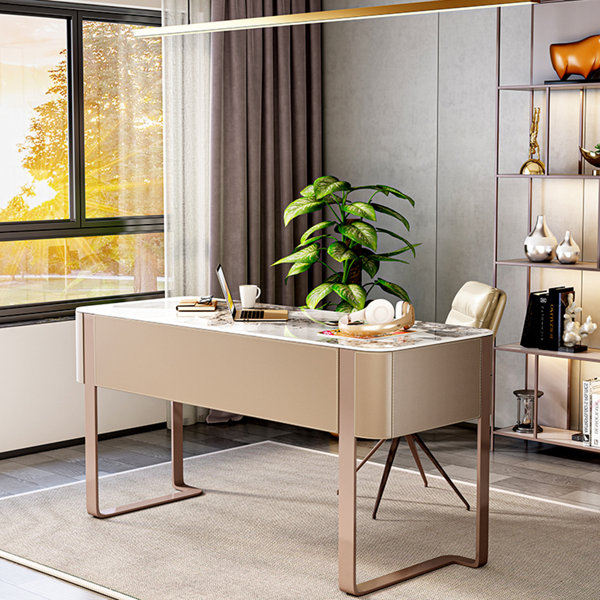 RARLON Light Luxury Desk Rock Board Desk Faux Leather Mod Desk ...