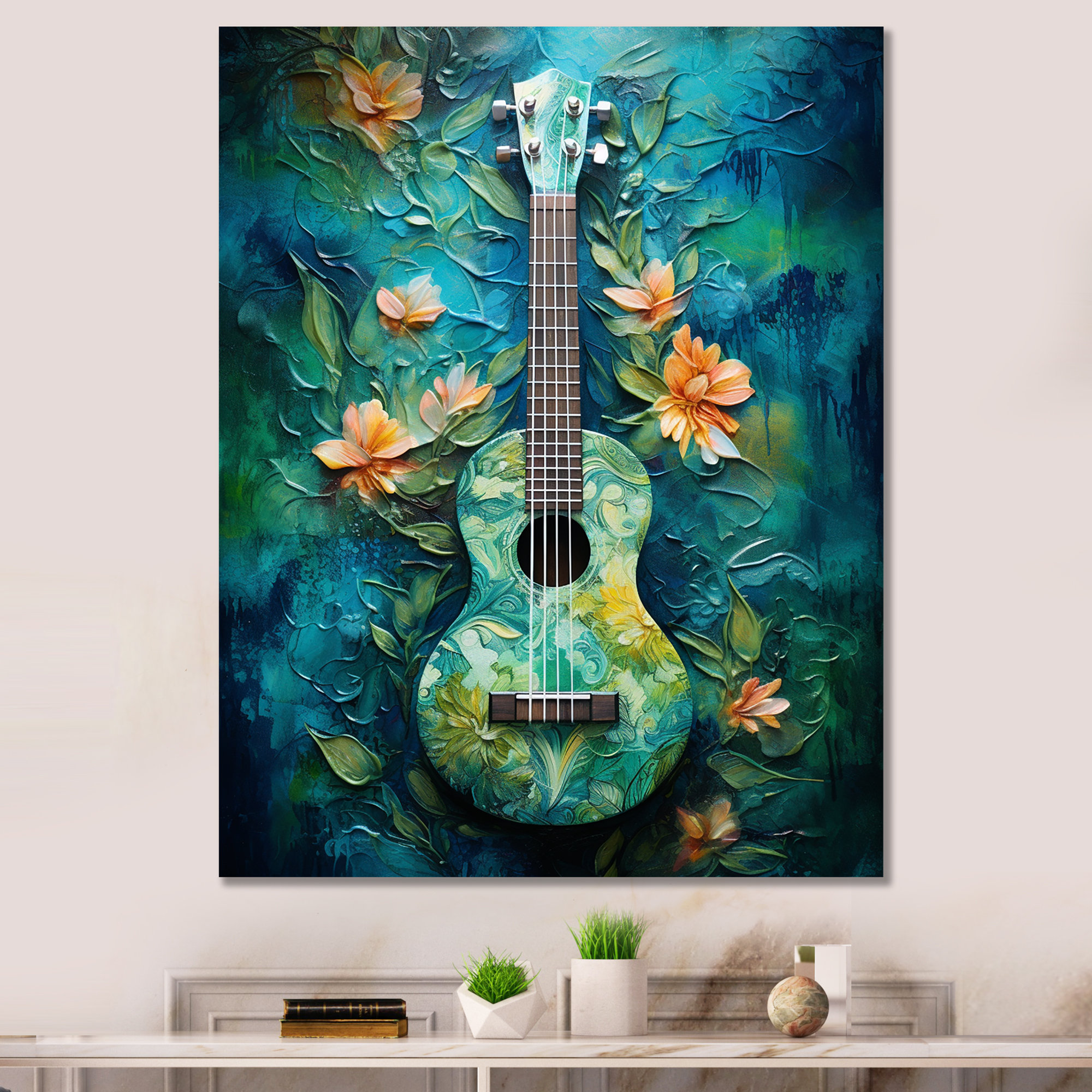 Design Art Euphonic Tropical Teal Guitar Music I On Canvas Print | Wayfair