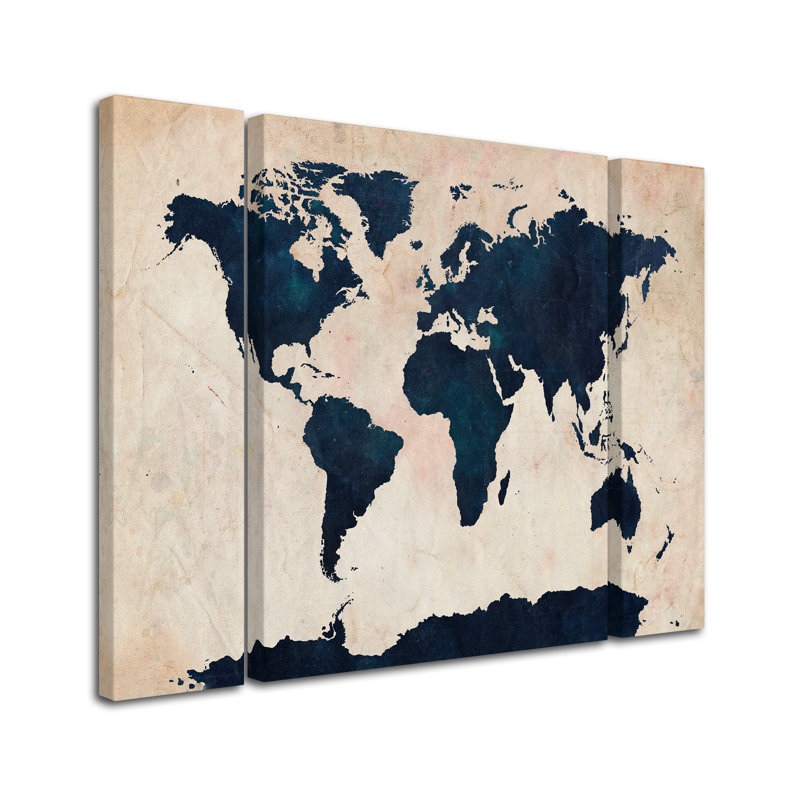 World Menagerie World Map Navy by Michael Tompsett - 3 Piece Print on ...