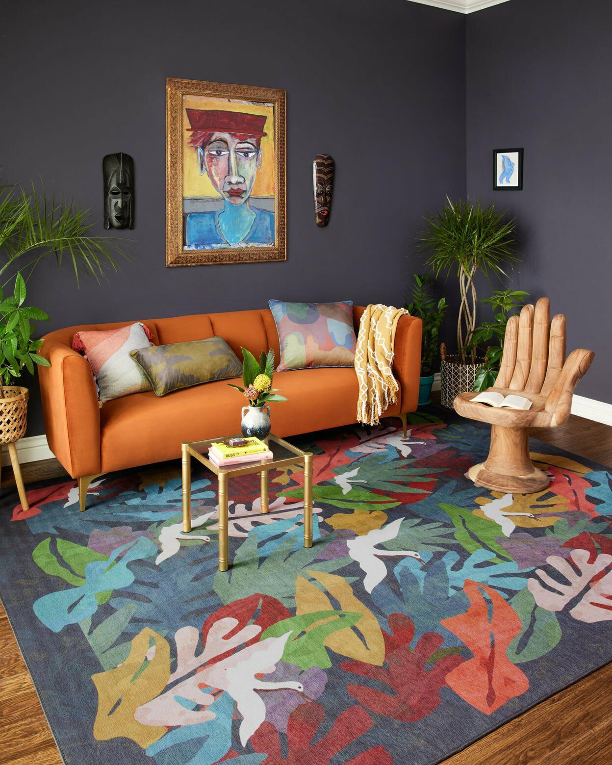 Hokku Designs Anthracite Leaf and Bird Figure Woven Base Digital Print ...