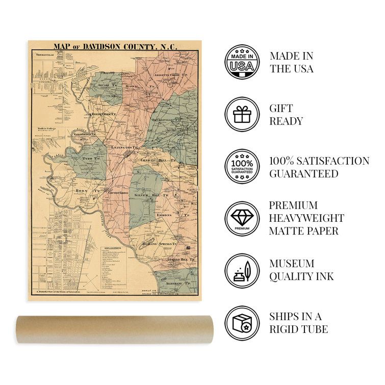 HISTORIC PRINTS 1890 Map Of Davidson County North Carolina On Paper ...