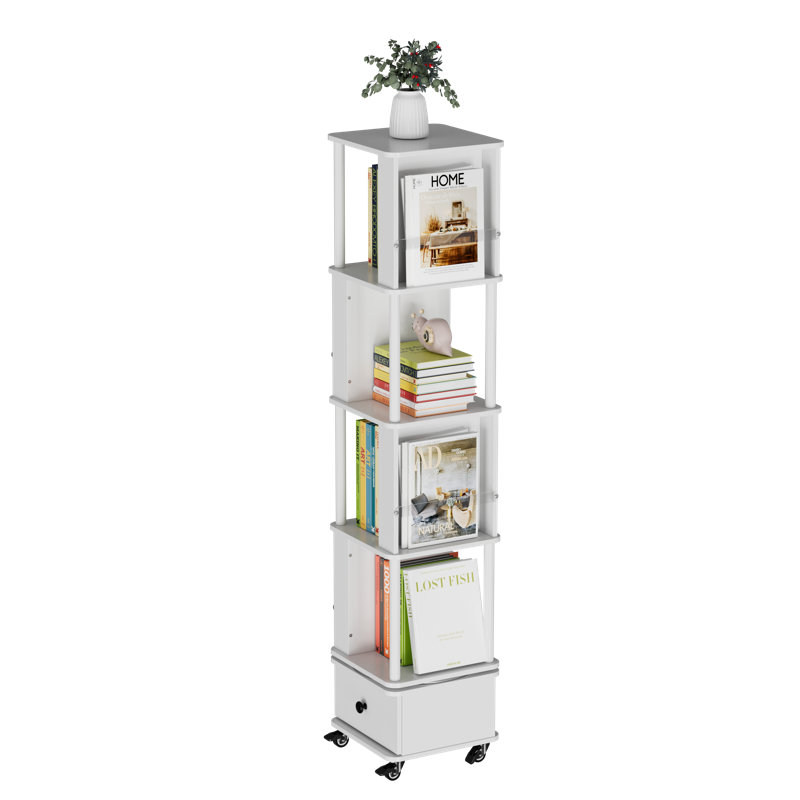 Ebern Designs 4 Tier Rotating Storage Bookcase with Drawer for Living ...