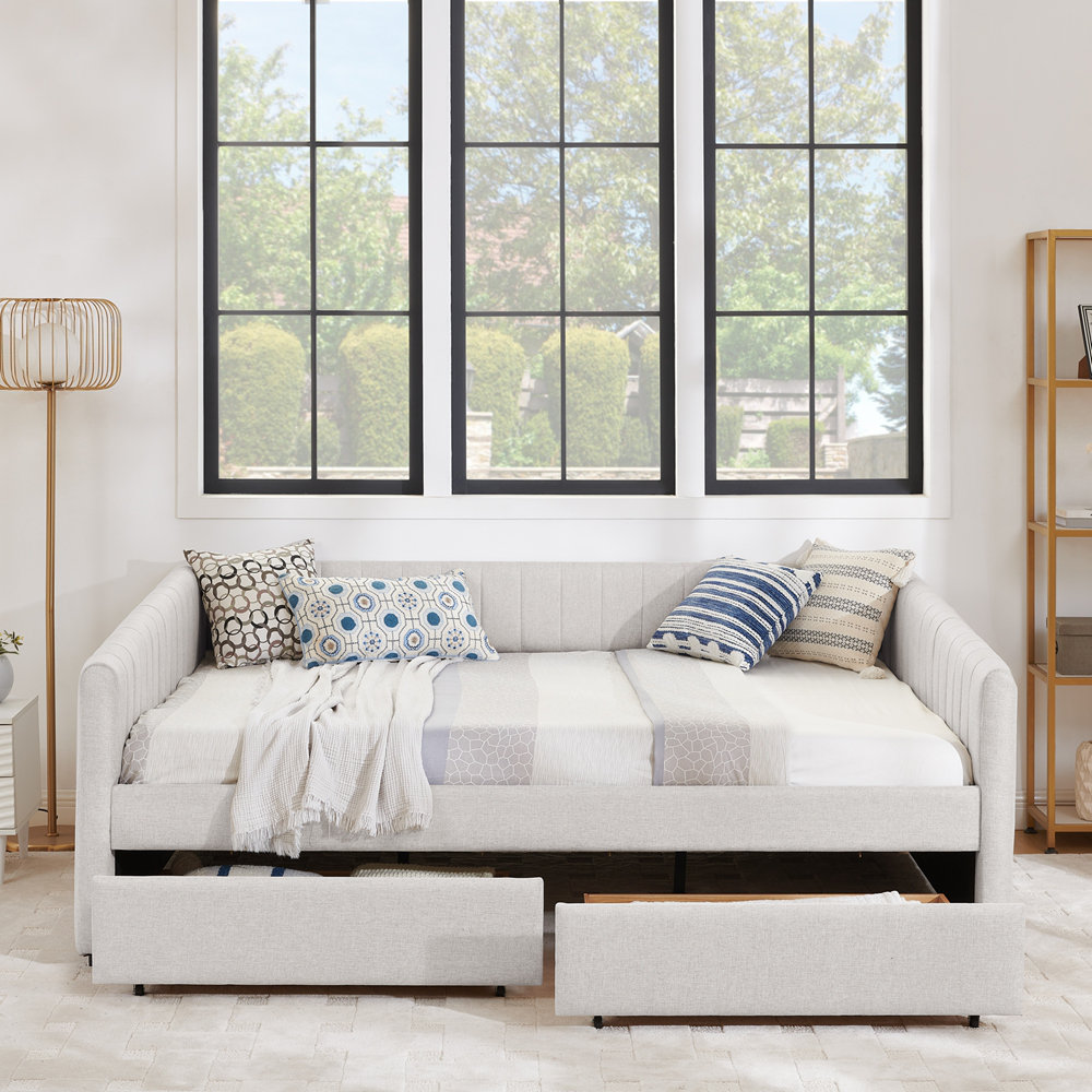 Latitude Run® Queen Size Daybed with Two Drawers Trundle Upholstered ...