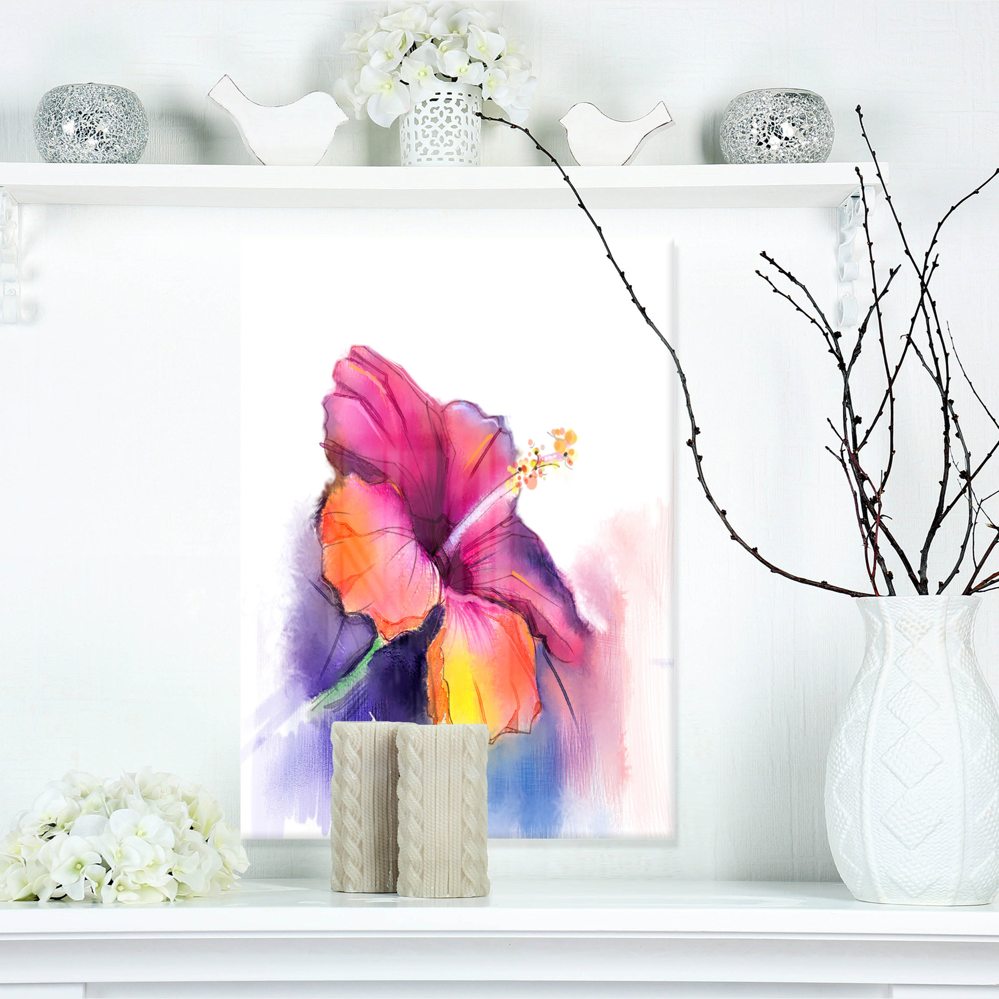 Ebern Designs 'Red Yellow Hibiscus Flower in Blue Large Flower ...
