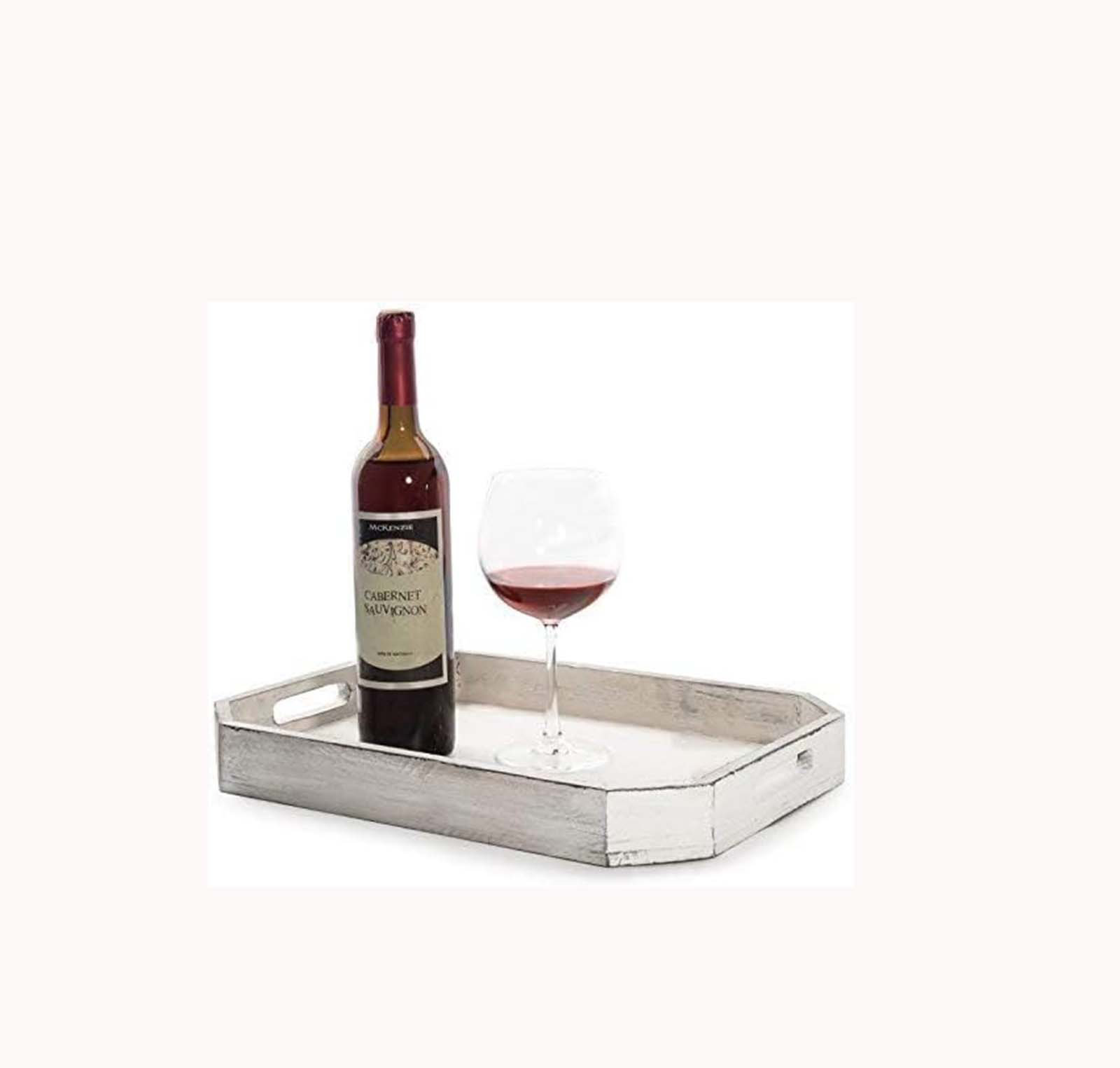 Gracie Oaks Whitewashed Wood Serving Tray With Handles And Angles Edges ...