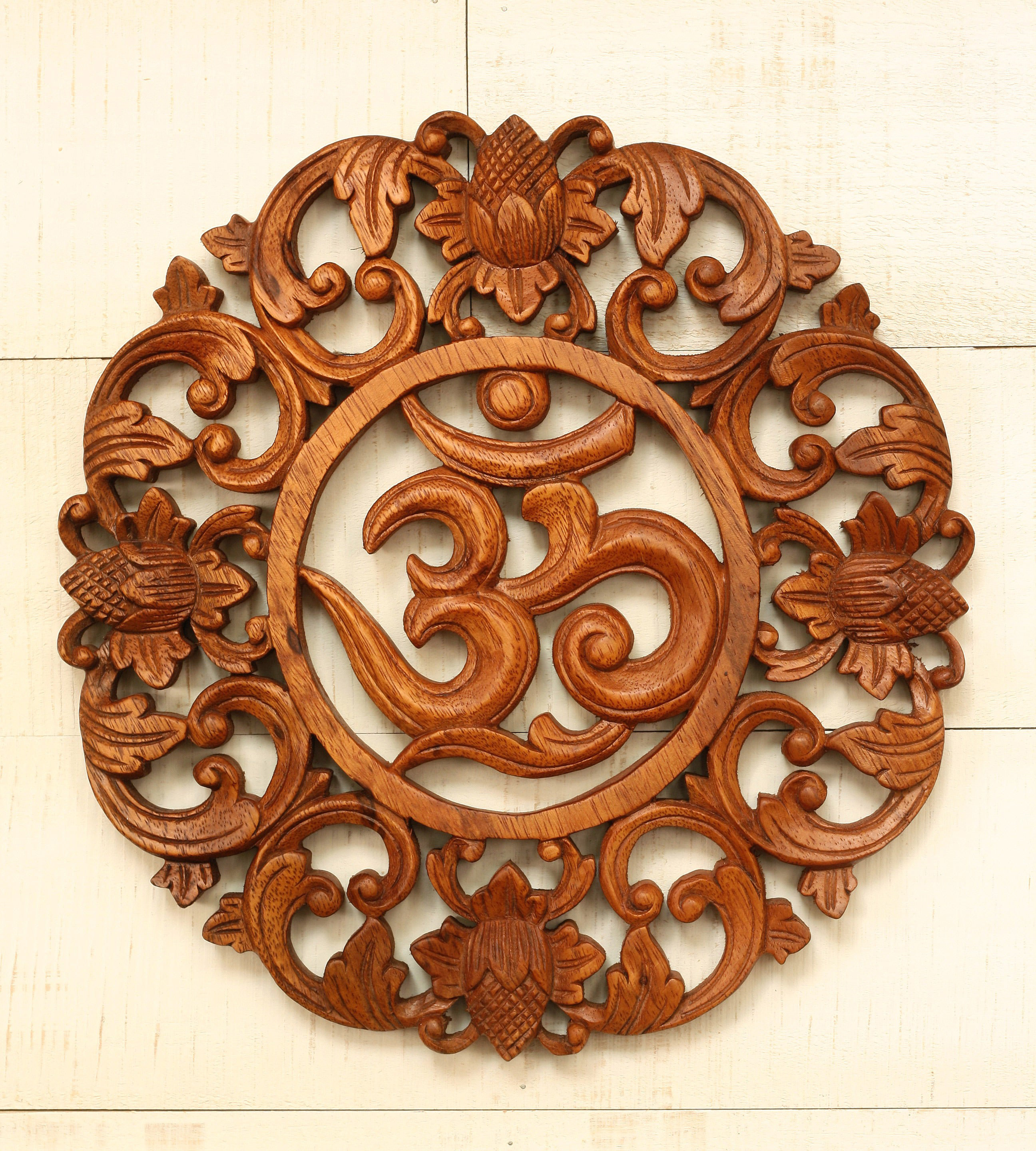 Bungalow Rose 12" Wooden Round Hand Carved Ohm Sign Wall Plaque Relief ...