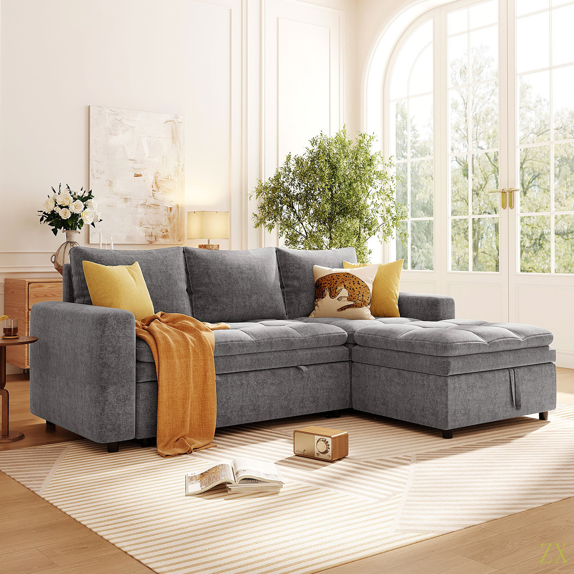 Latitude Run® Soft Upholstered Sectional Sofa Bed With Storage Space ...
