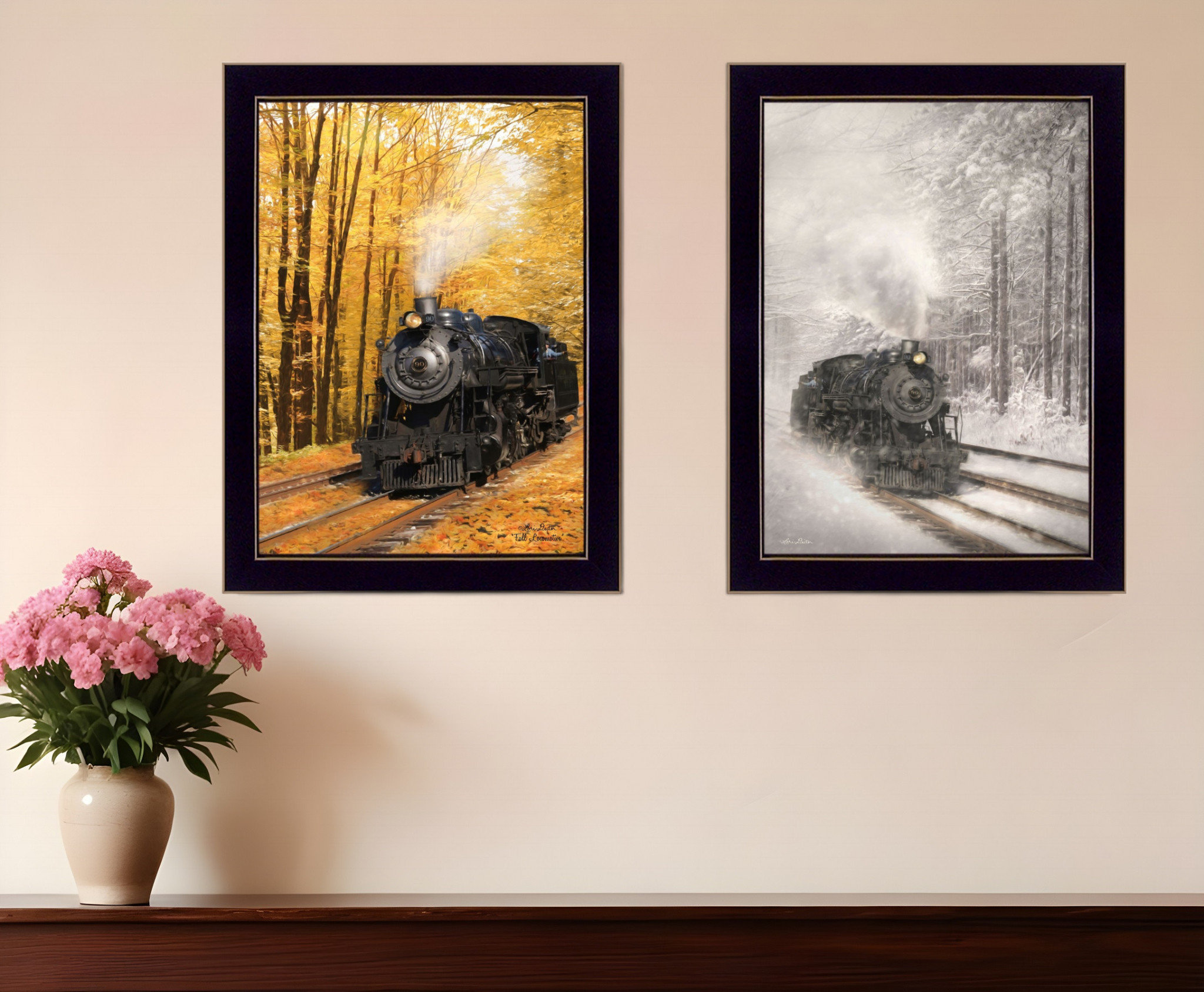 17 Stories Set Of Two Vintage Locomotives Black Framed Print Wall Art ...