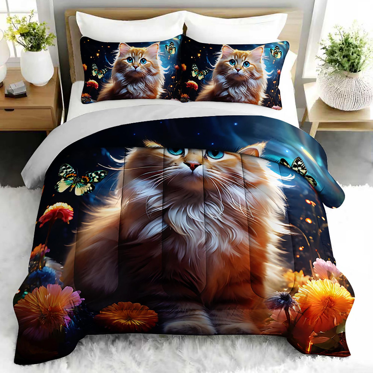 QOOVO Fluffy Cat Fantasy Comforter Set, Magical Bedding Set with 2 ...