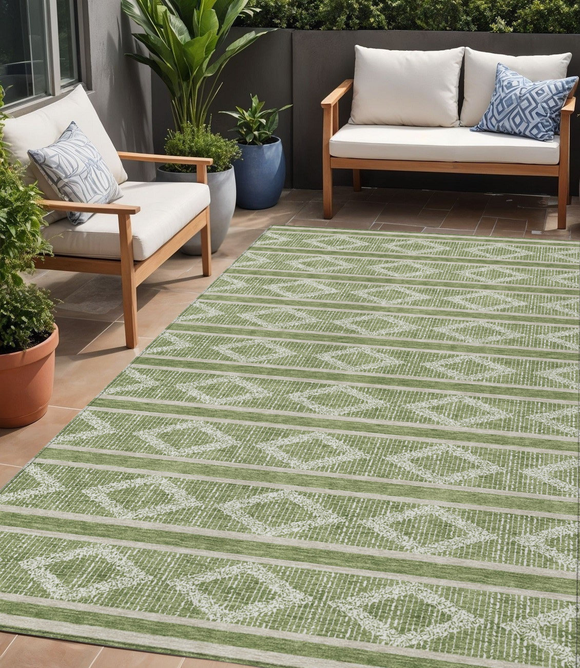 HomeRoots Tapis extérieur lavable à motif géométrique vert et ivoire 5 pi x 8 pi - Wayfair Canada