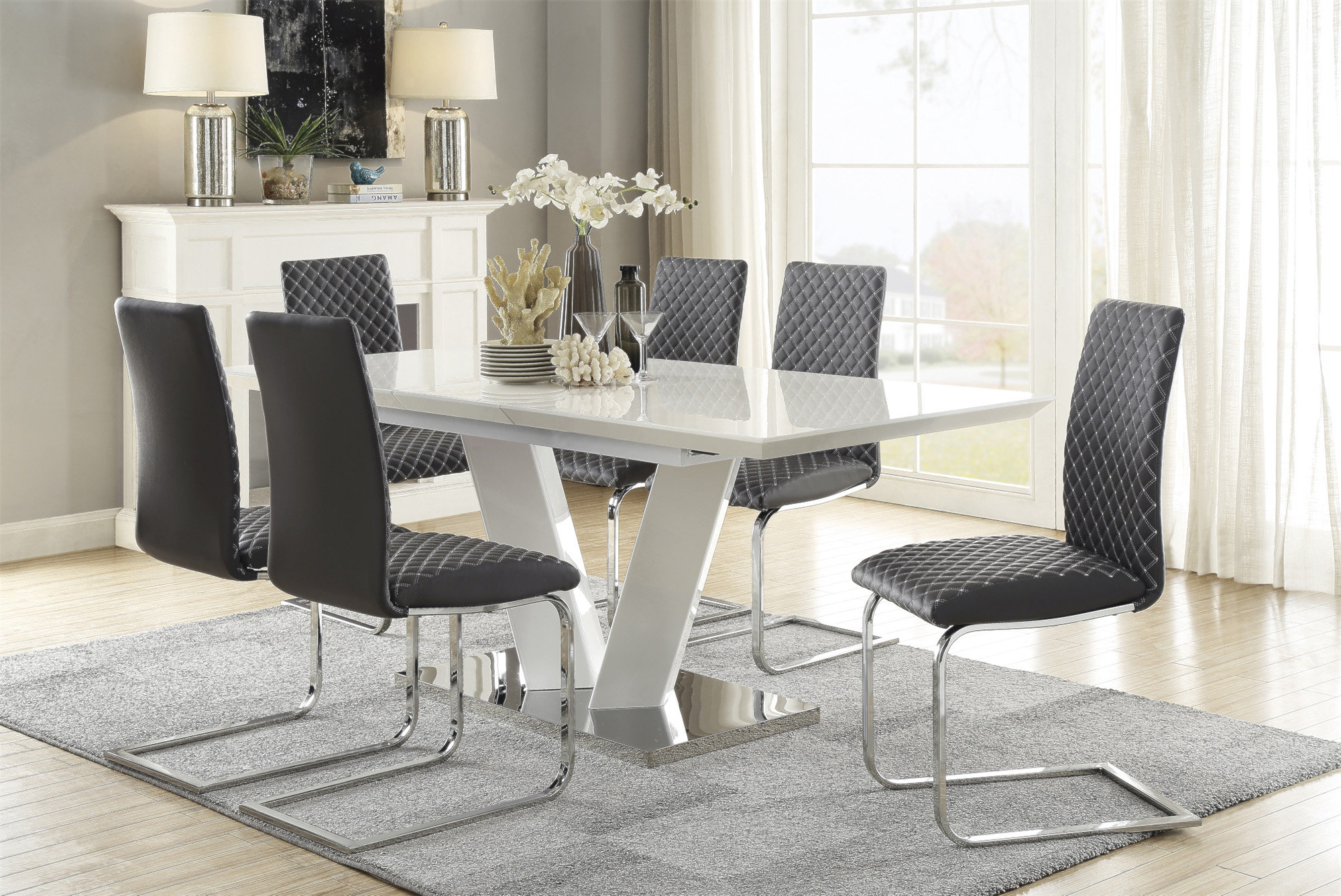 Orren Ellis Modern Contemporary 7Pc Dining Set White High Gloss Finish ...