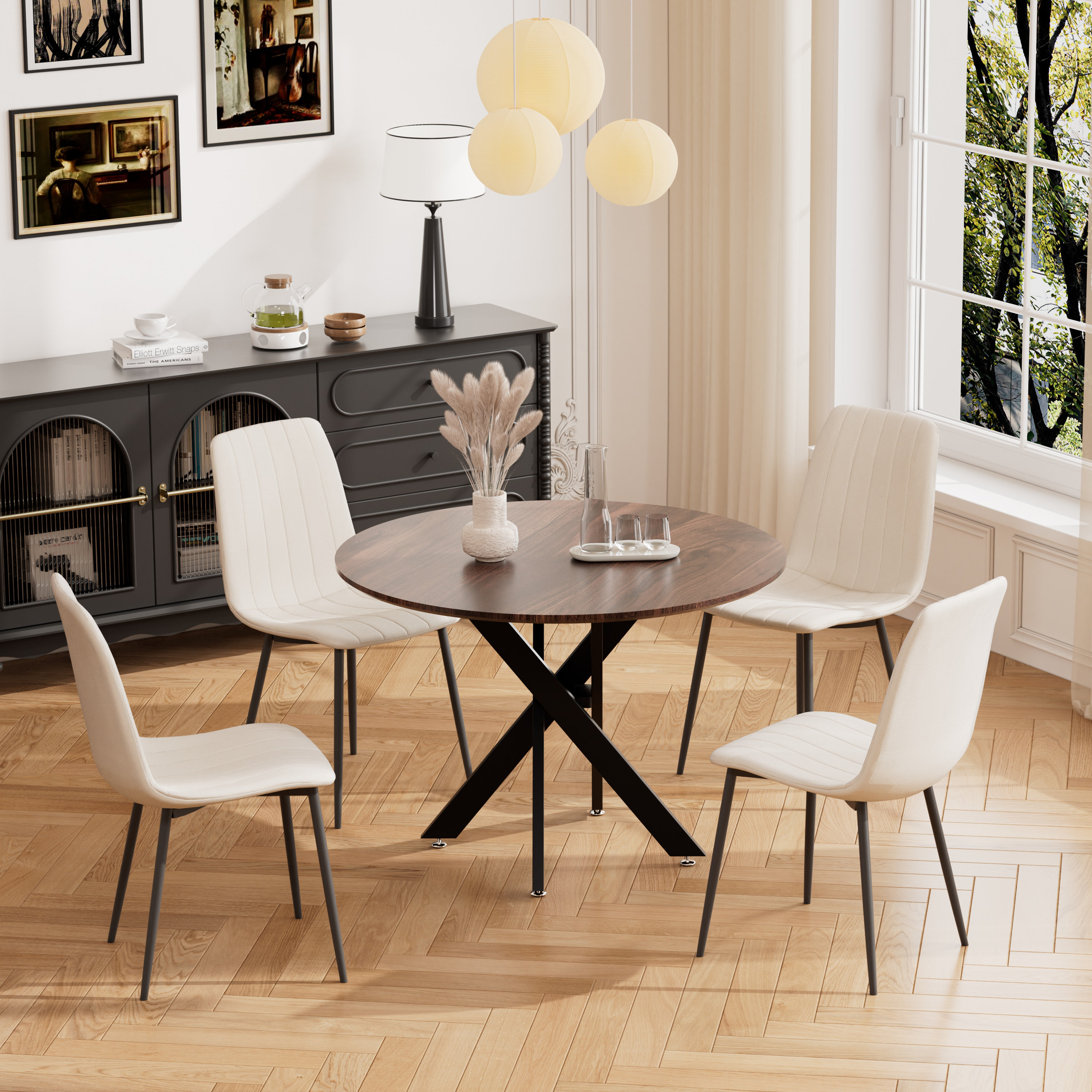 17 Stories 36in Round Dining Table Sets with Velvet Dining Chairs ...