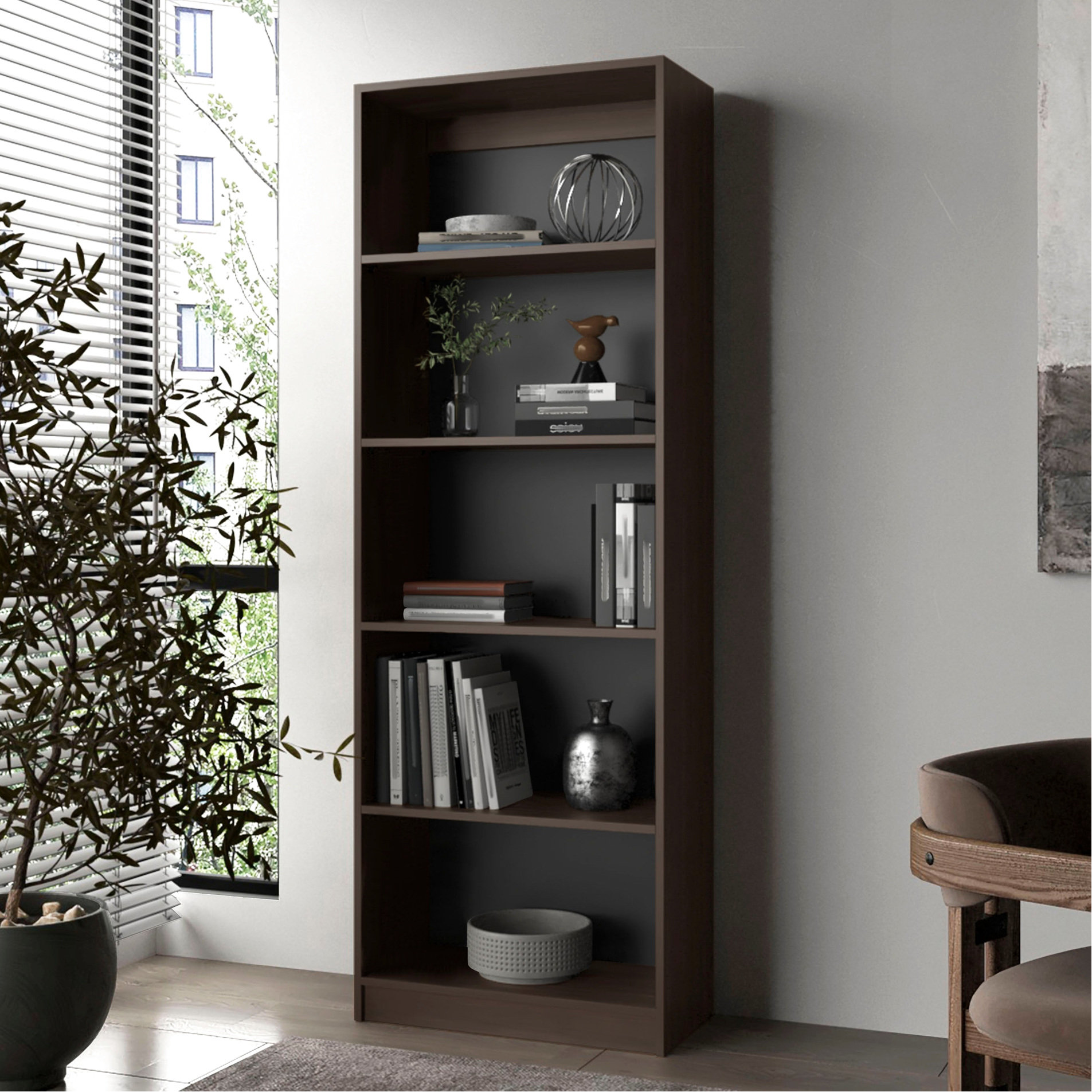 FusionFurnishings Stained Walnut 5 - Shelf Bookcase With Open Storage ...
