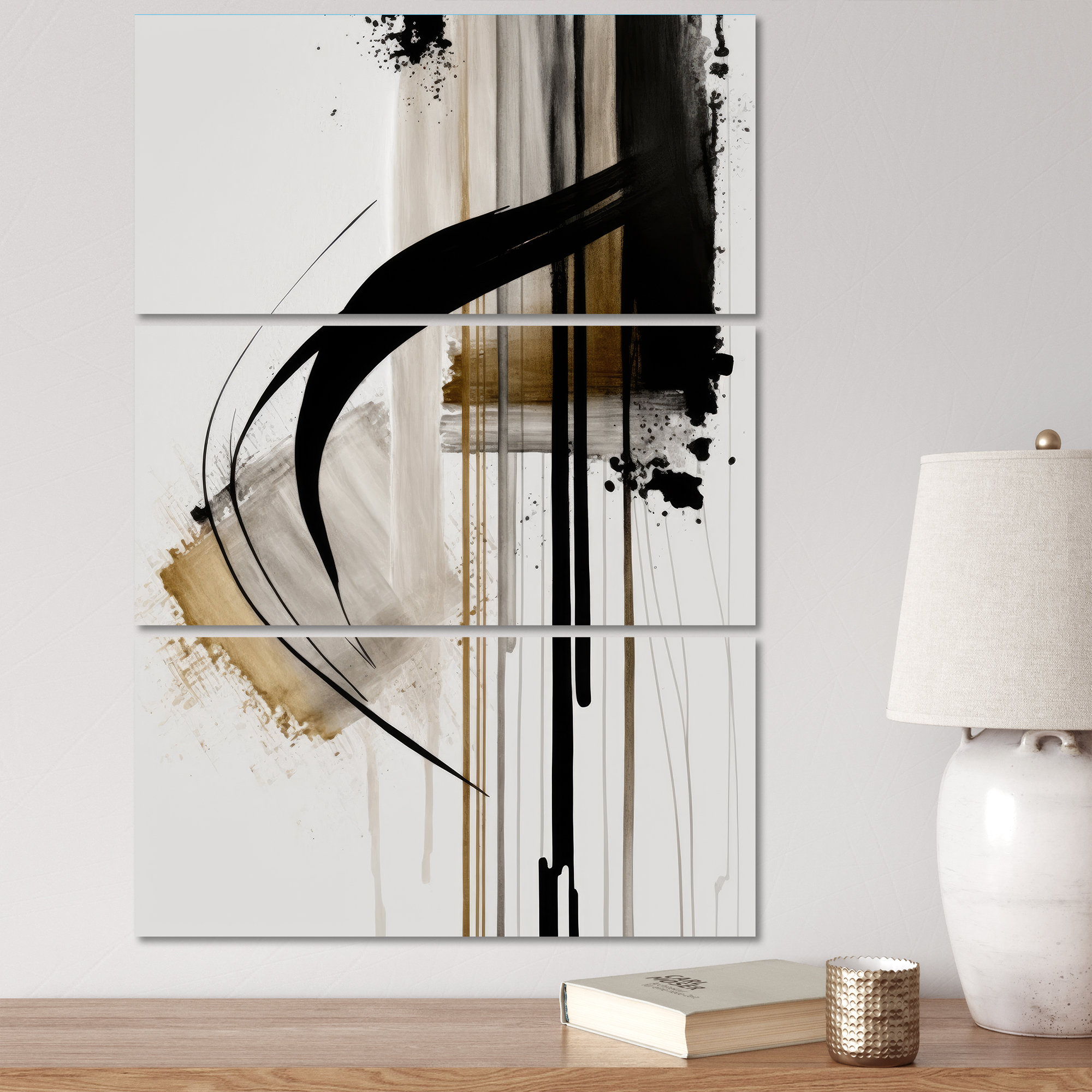 Orren Ellis Glynn Black, White and Gold Expression I - 3 Piece Wrapped ...