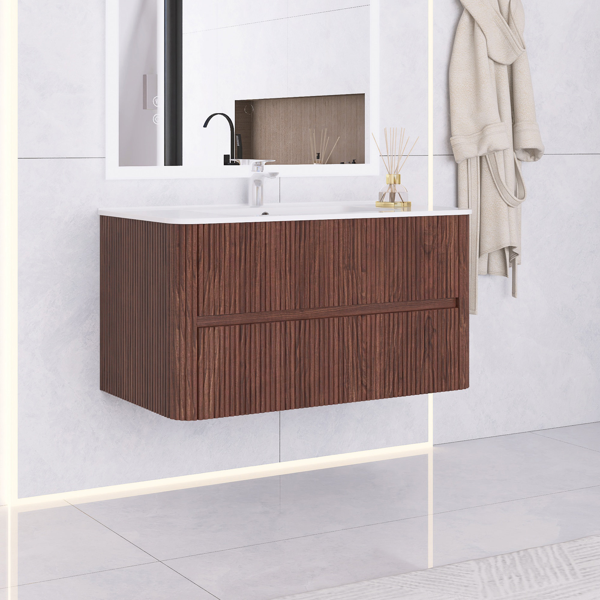 JimsMaison 36 Inches Wall-Mounted Retro Walnut Bathroom Vanity With ...