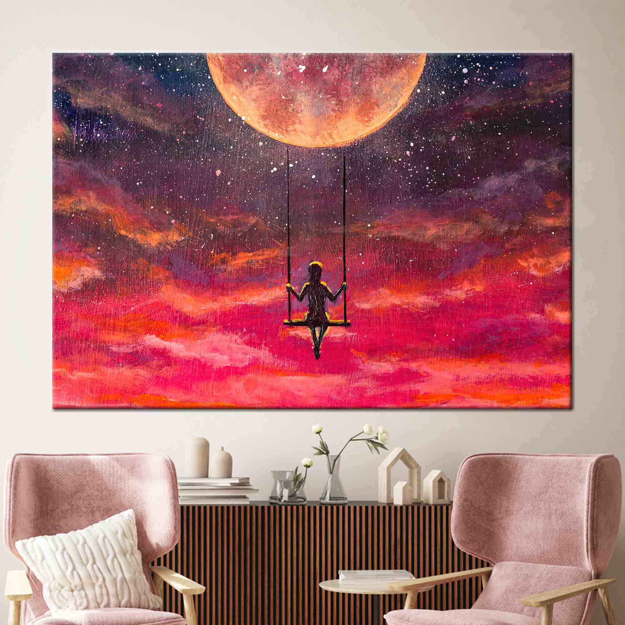 Red Barrel Studio® Abstract Girl on Swing with Full Moon Cotton Canvas ...