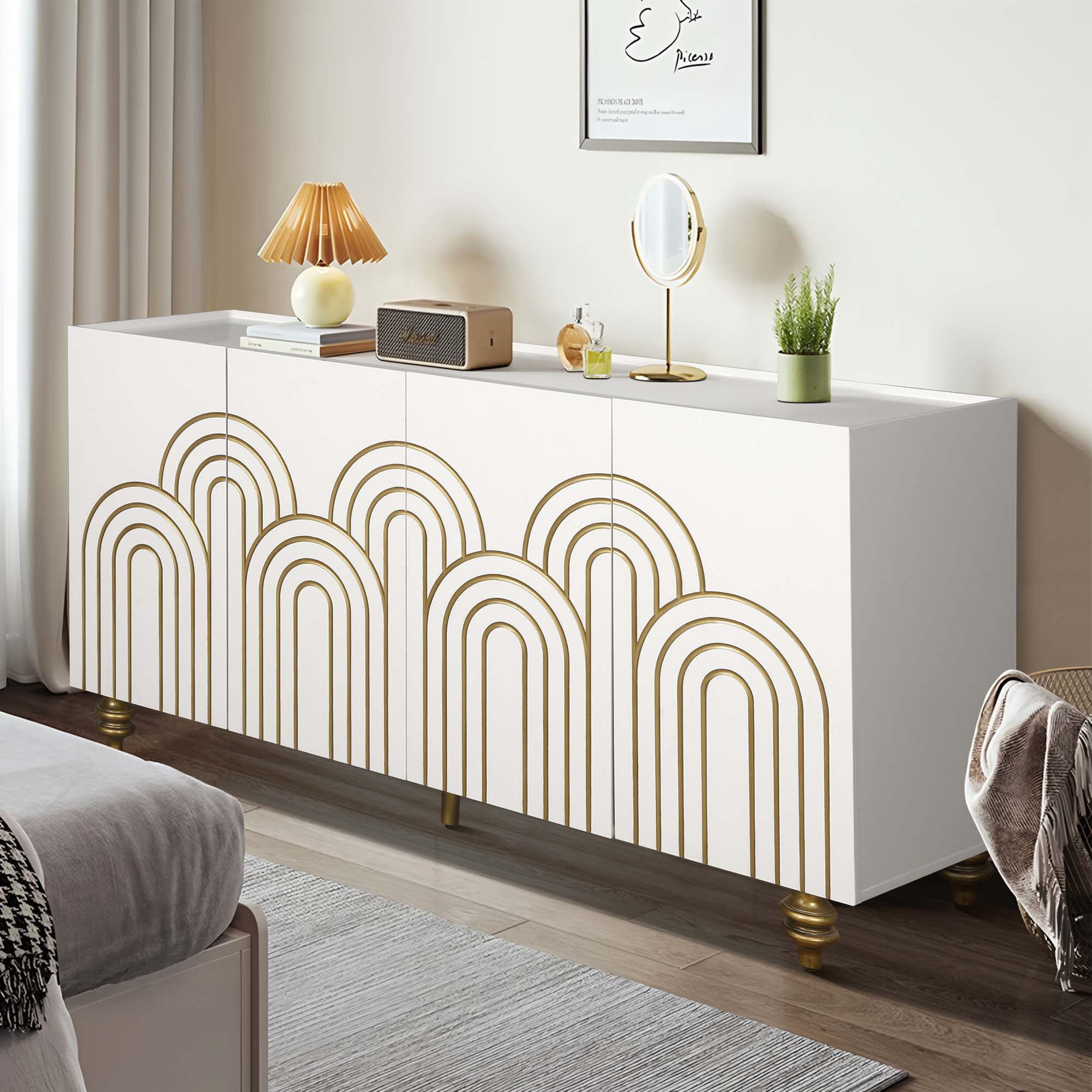 Mercer41 Modern Fluted Sideboard Buffet With Storage, Curve Element ...