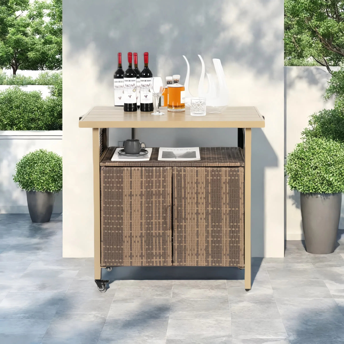 Bay Isle Home™ Outdoor Wicker Bar Cart With Wheels, Rolling Rattan ...