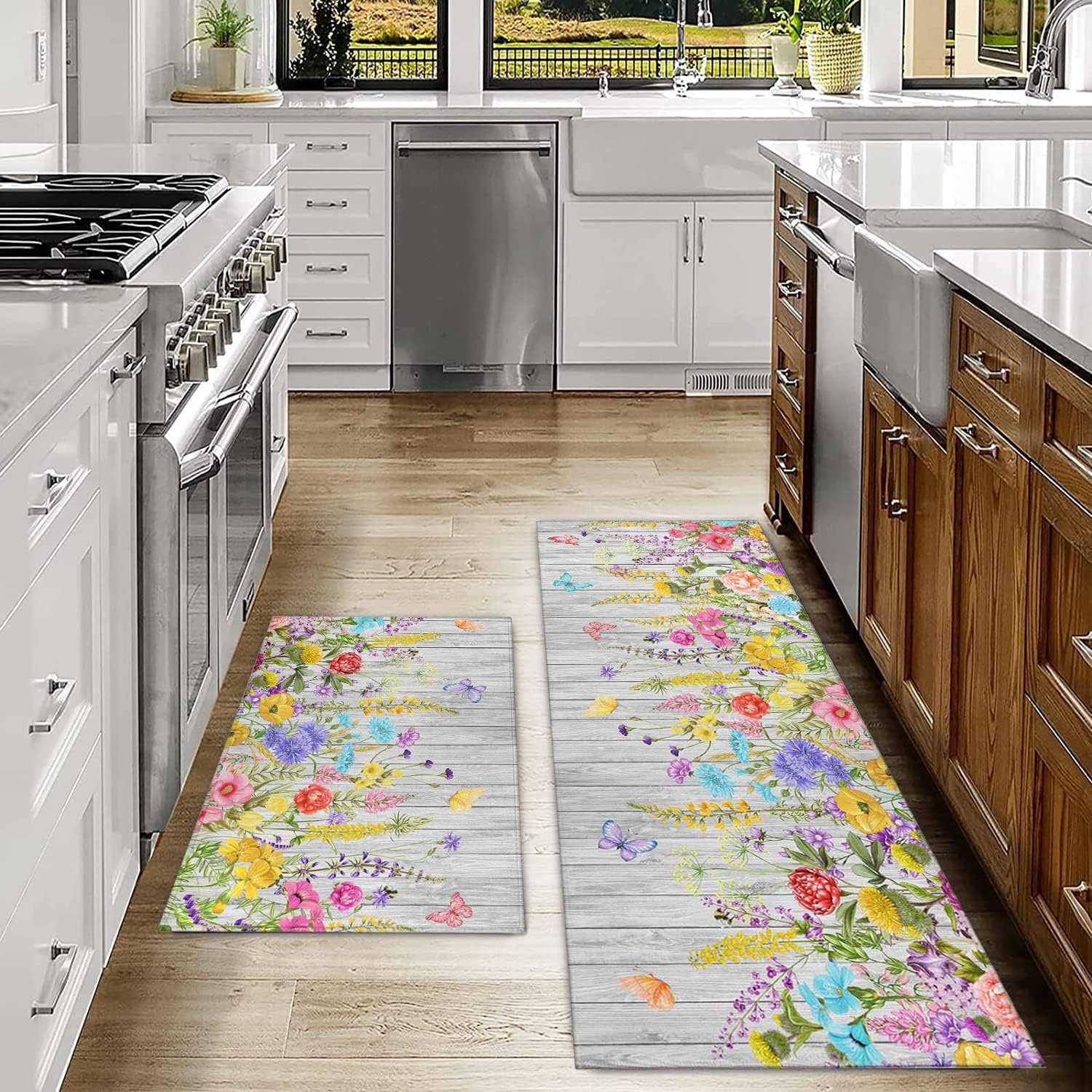 Gracie Oaks Kitchen Mats Colorful Spring Kitchen Rugs Sets Of 2, Floral ...