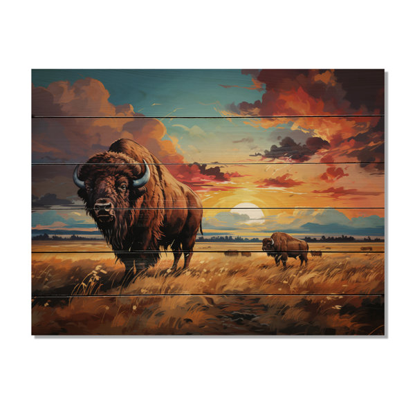 Union Rustic Native American Art Bison Prairies III On Wood Print | Wayfair