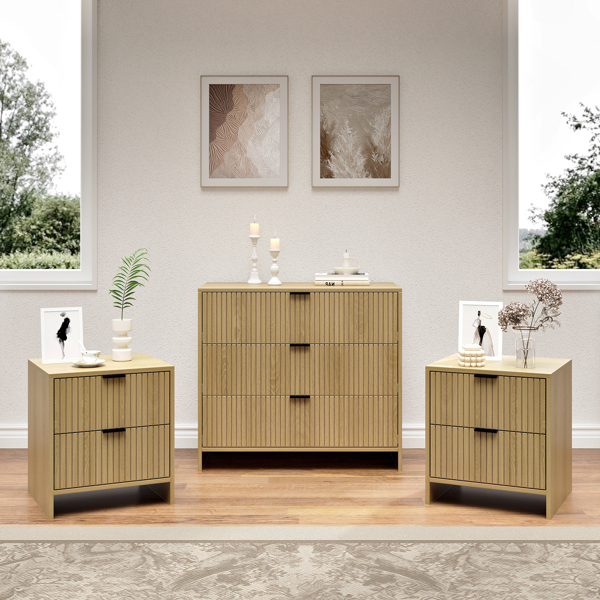 Ebern Designs Fluted Dresser And Nightstand Sets, 3 Piece Bedroom Set ...