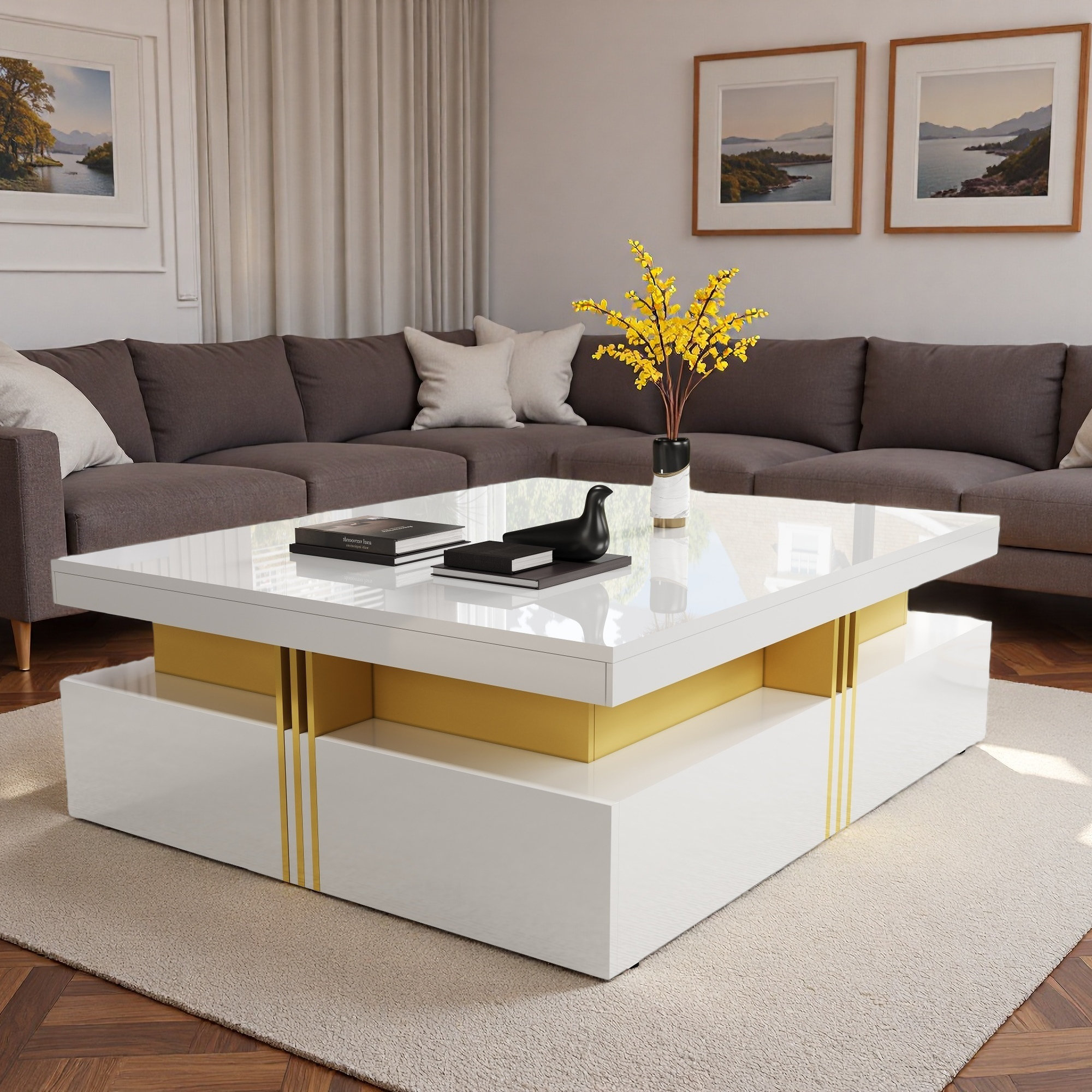 Ivy Bronx Modern Glossy Square Coffee Table With 4 Drawers | Wayfair
