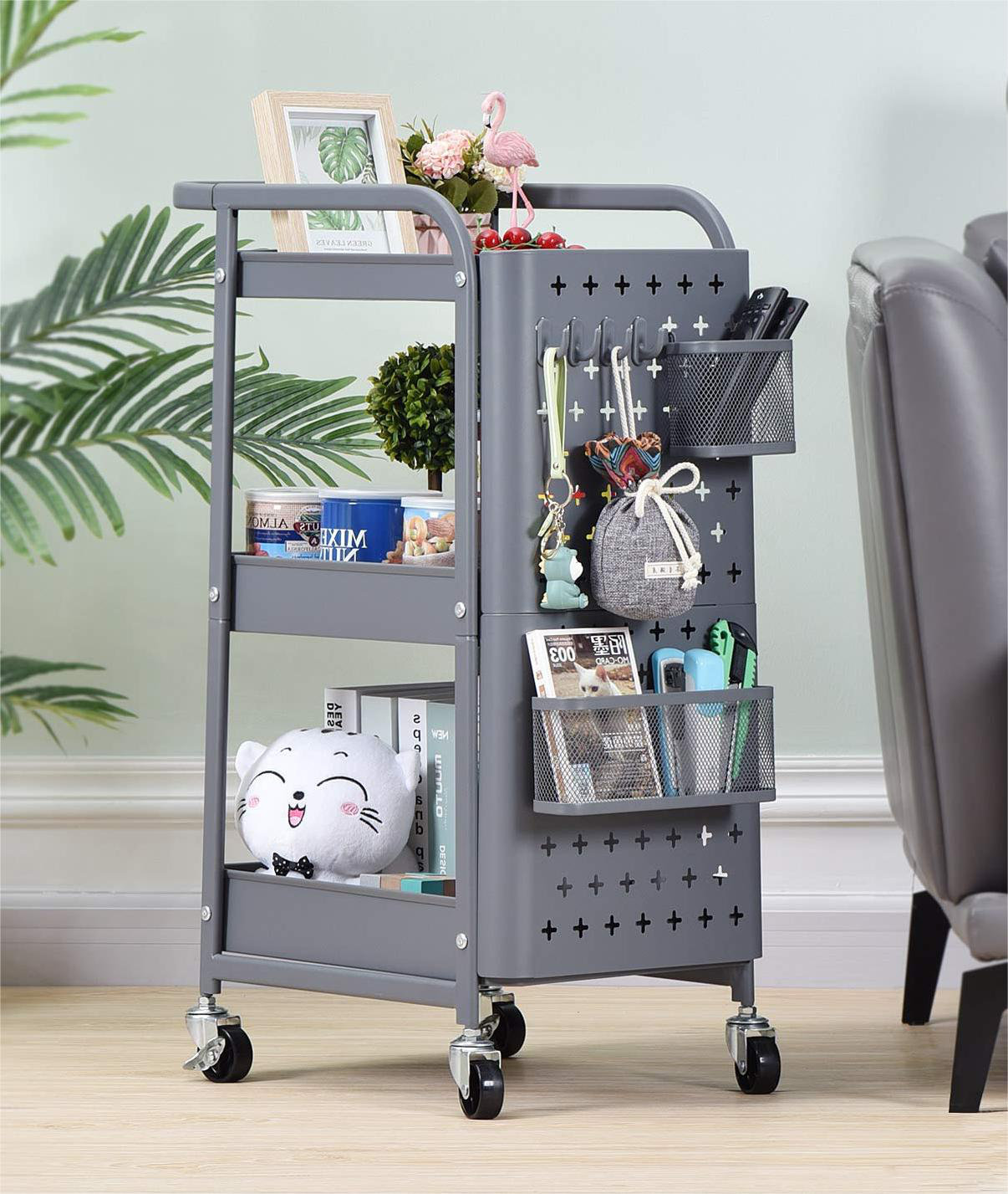 COOREL 3-Tier Rolling Cart, Metal Utility Cart With Pegboard, With Push ...