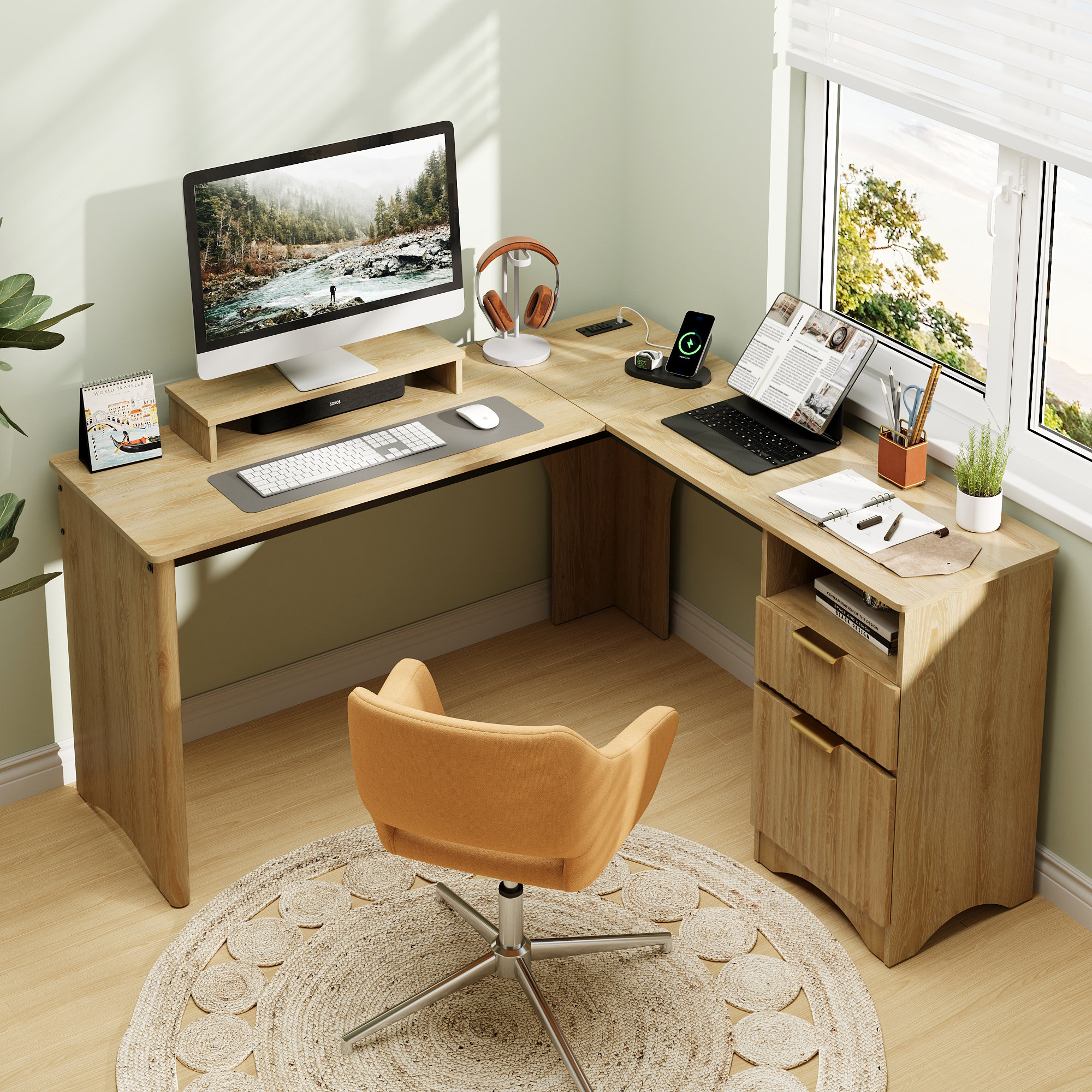 17 Stories Daymen 55Inch Lift Top L Shaped Desk with Power Outlet ...