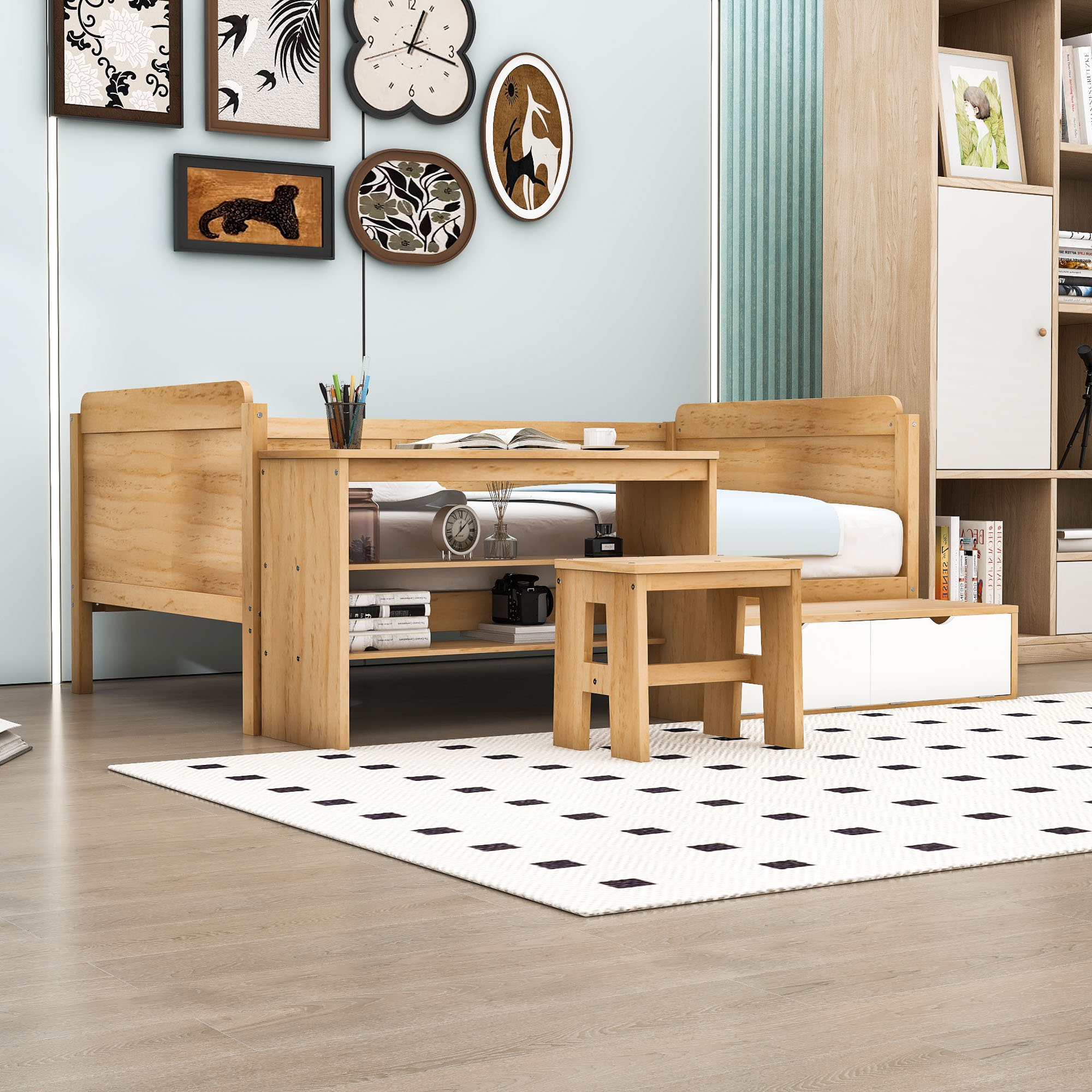 Lark Manor Bruyere Twin Wooden Daybed with Desk, Storage Shelves and ...