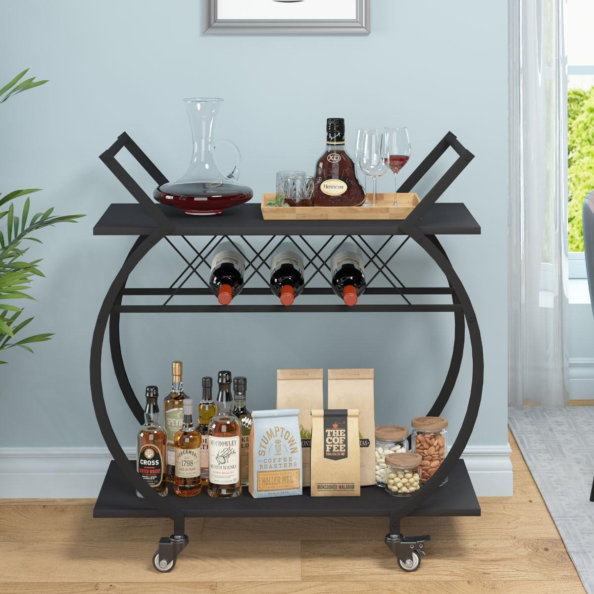 17 Stories Modern Rolling Wine Serving Cart With Storage, Wooden Metal ...