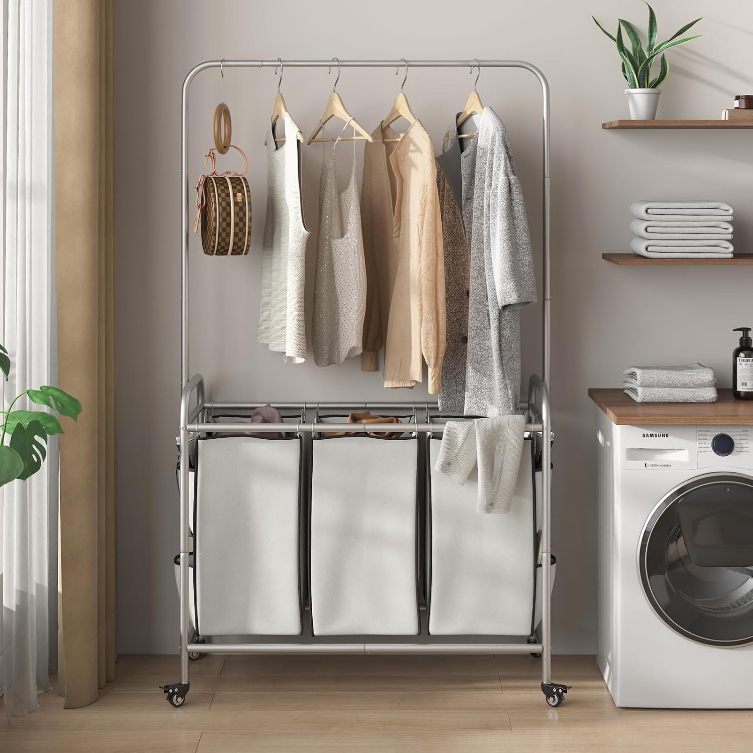 Kazoo Laundry Sorter 3 Bag Laundry Hamper Cart With Clothes Hanging Bar ...