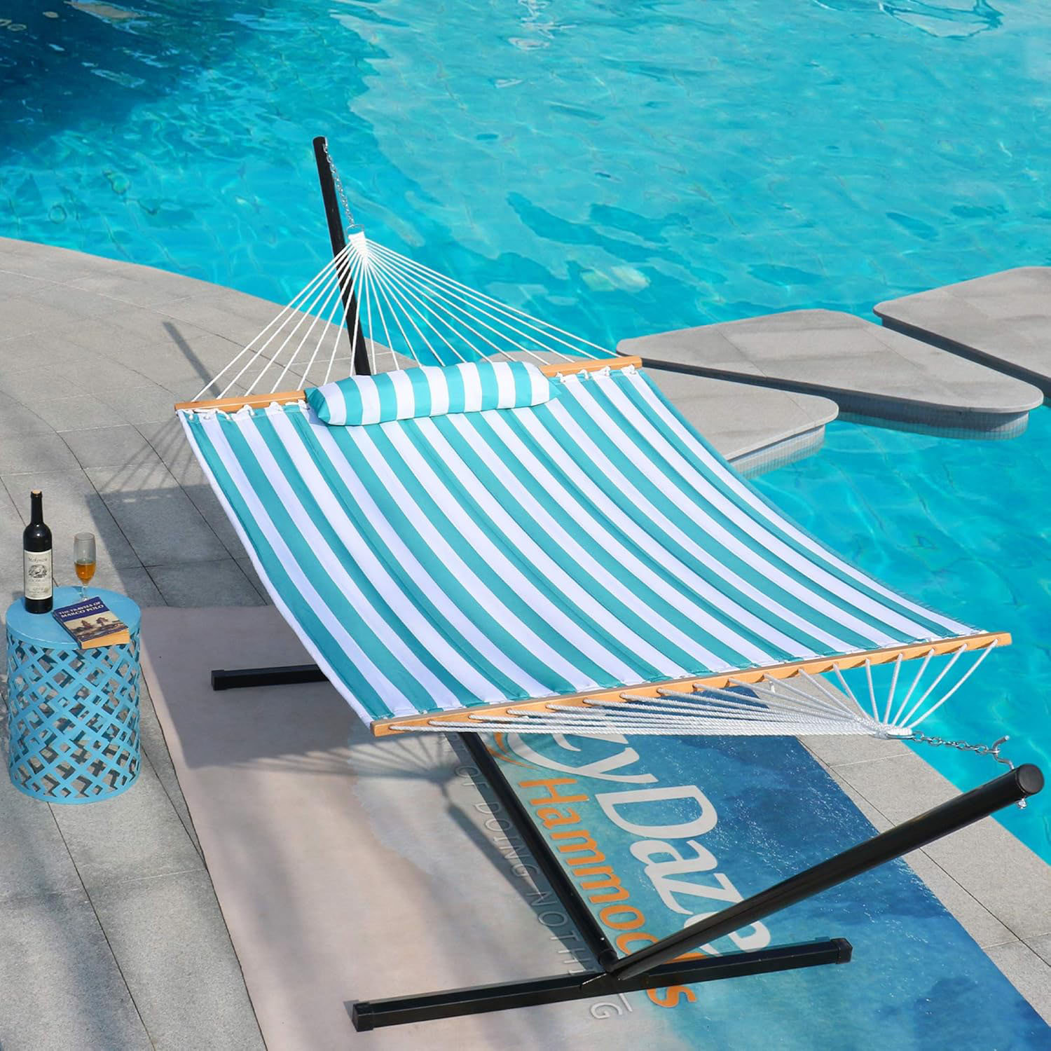 Arlmont & Co. 12 FT Quilted Fabric Double Hammock With Spreader Bars And Detachable Pillow, 2 ...