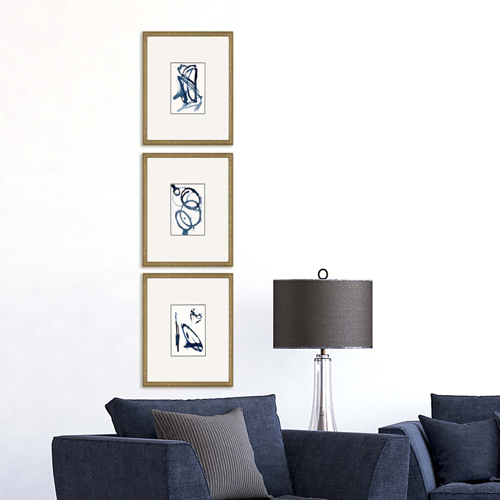 ZeaZu Set Of Three Blue Abstract Gold Frame Print Wall Art | Wayfair