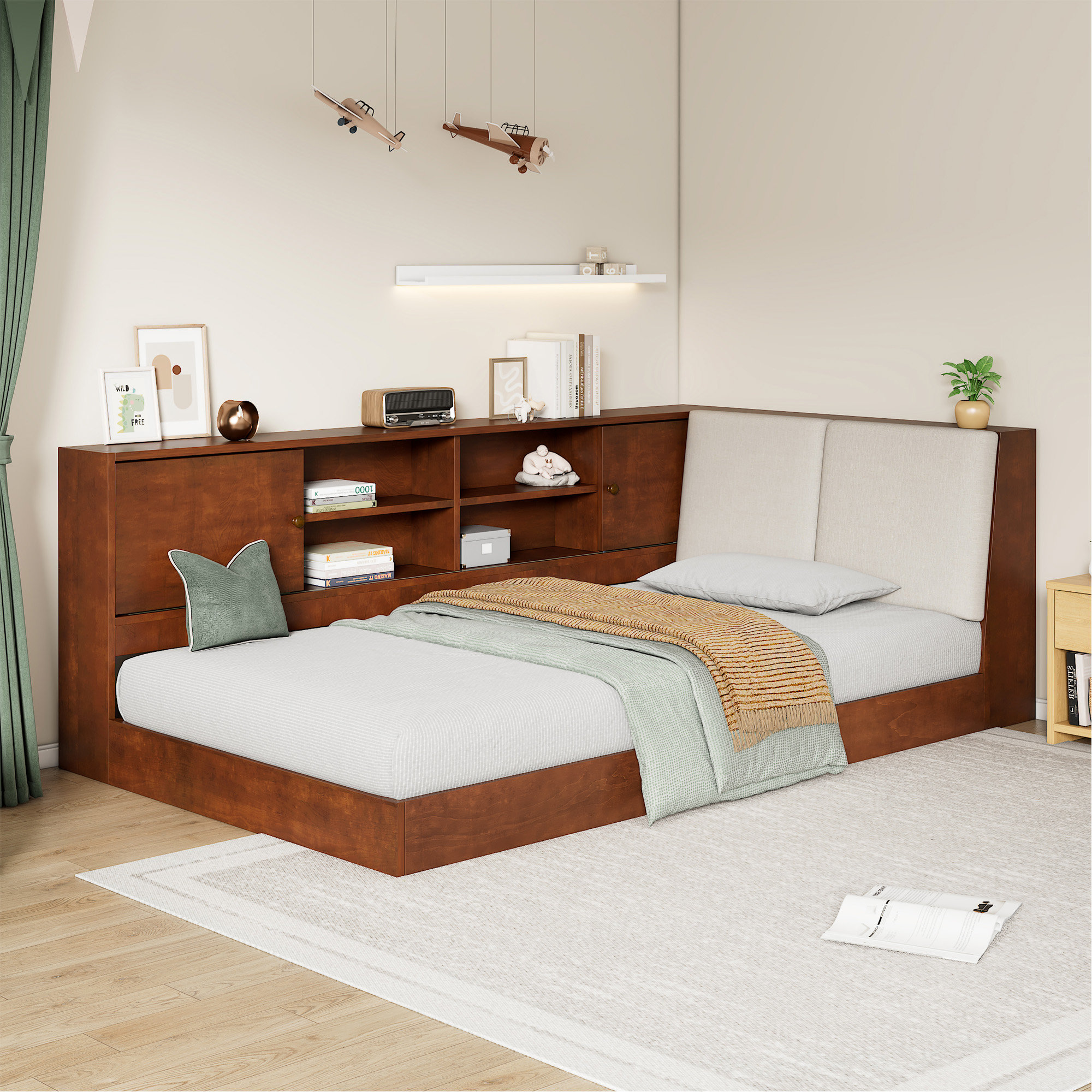 Latitude Run® Wooden Twin Size L-Shaped Daybed Floor Corner Bed With ...