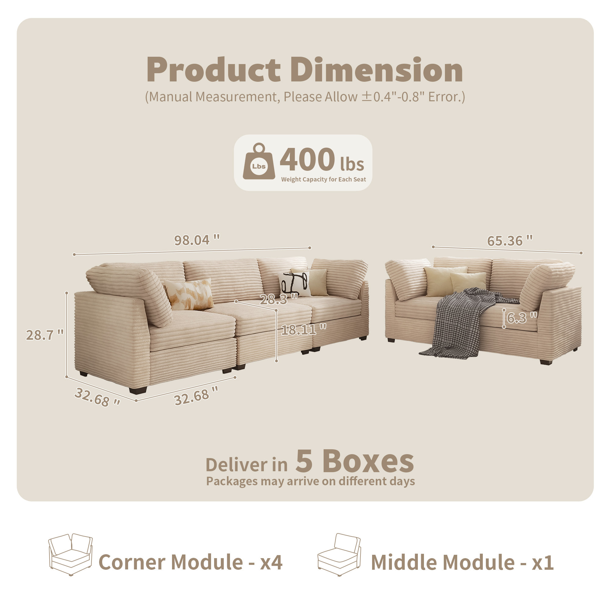 Mercer41 5 Pieces Living Room Sofa Set, Sectional Couch And Loveseat ...