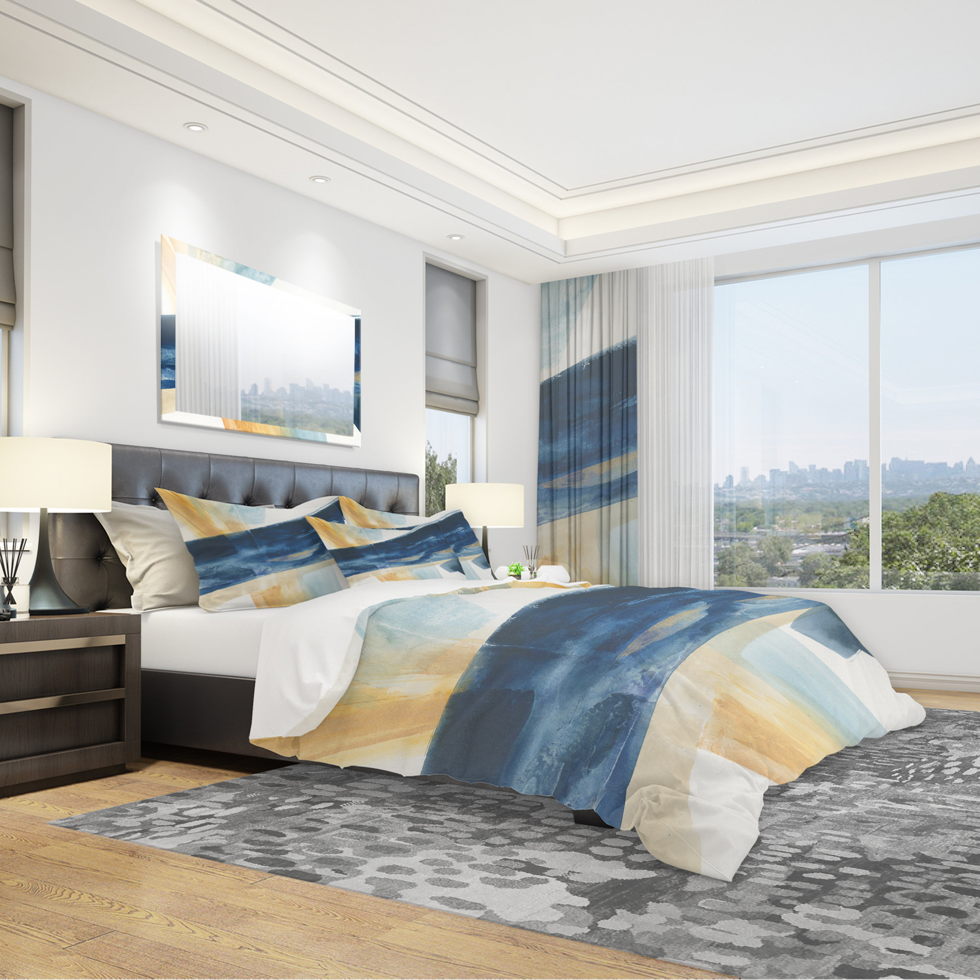 Design Art Indigo Panel I - Glam Modern Duvet Cover Set - Microfiber ...