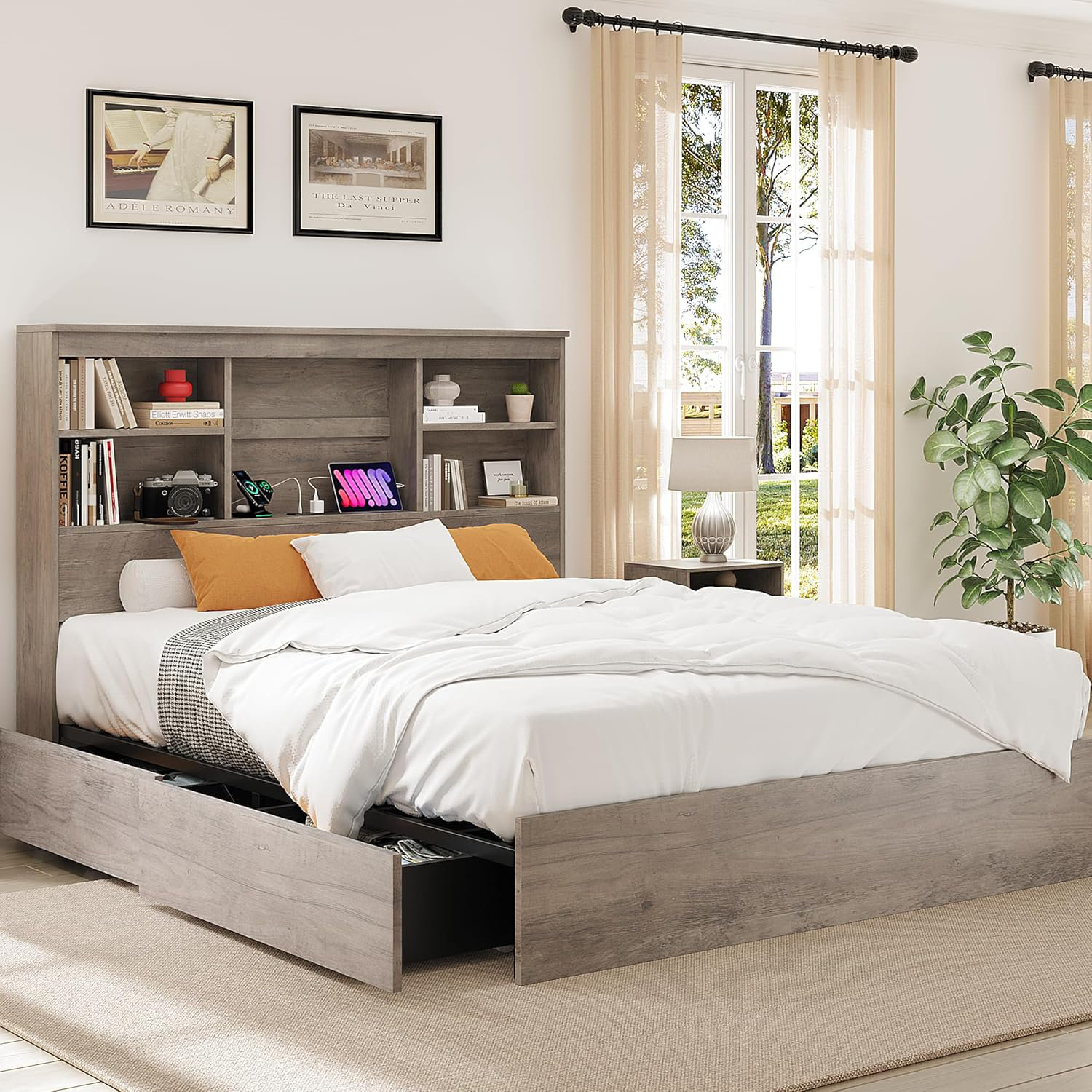 Gracie Oaks Bed Frame with High Storage Bookcase Headboard, Wood Bed ...