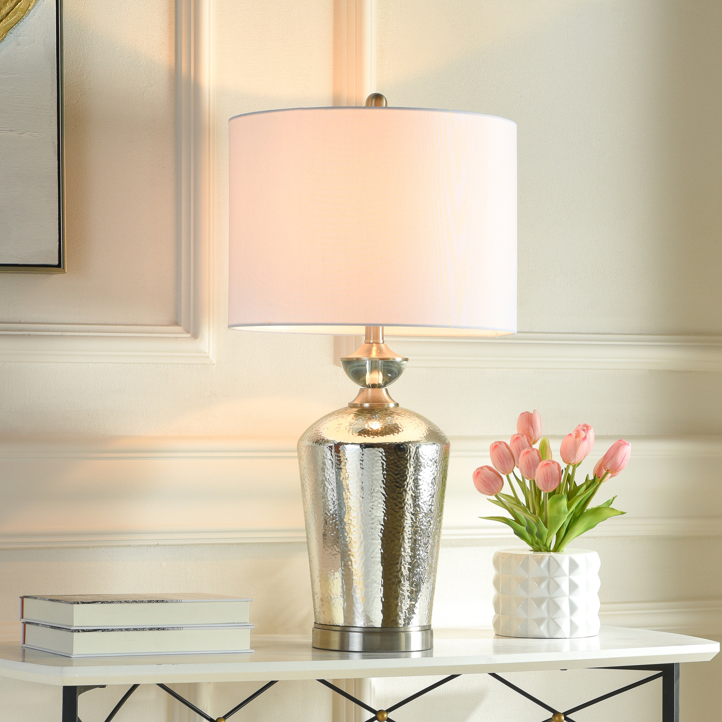 StyleCraft Home Glass Table Lamp - Hammered Chrome Glass - White Shade ...