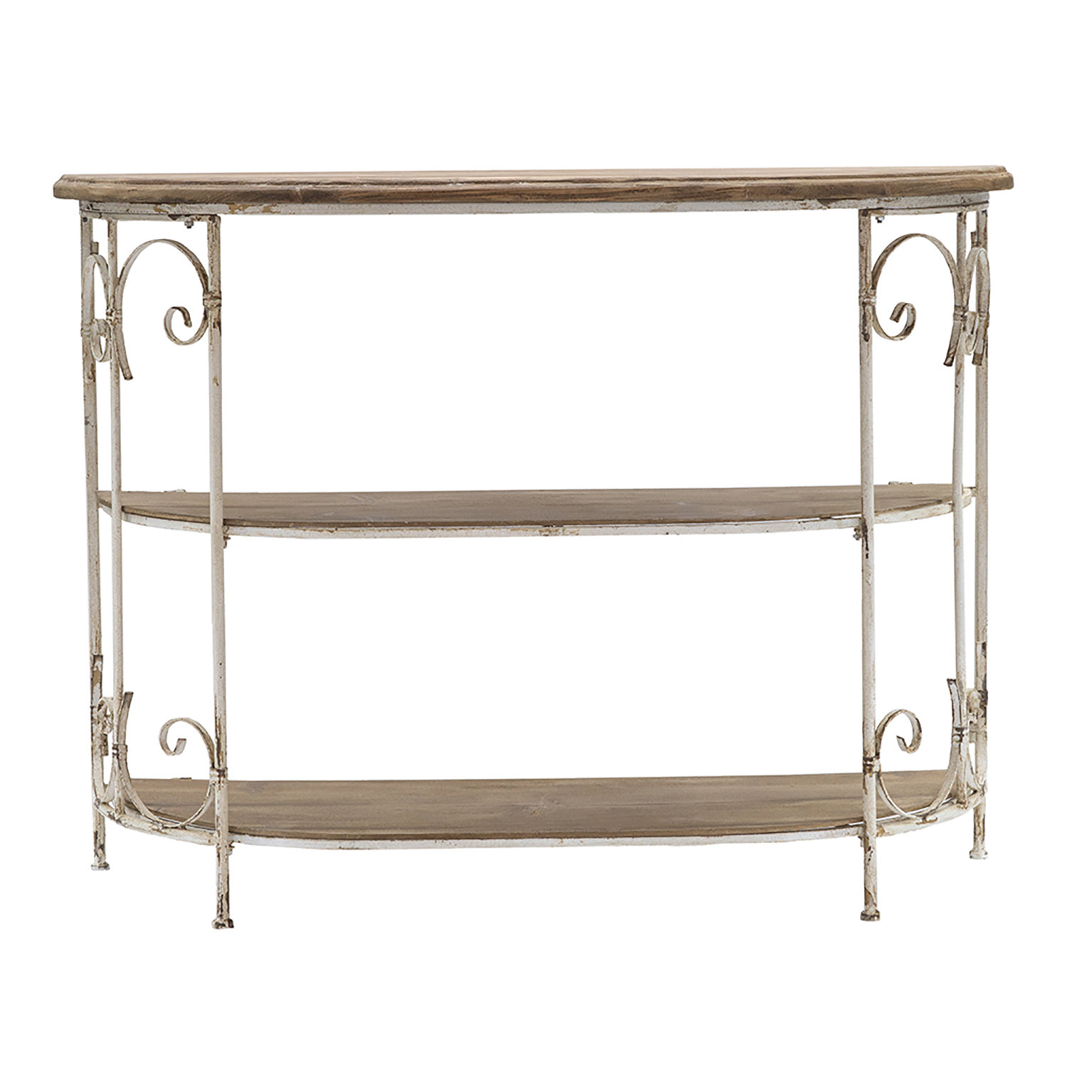Ophelia & Co. Three-Tiered Wooden Shelving Unit with Ornate Iron Frame ...