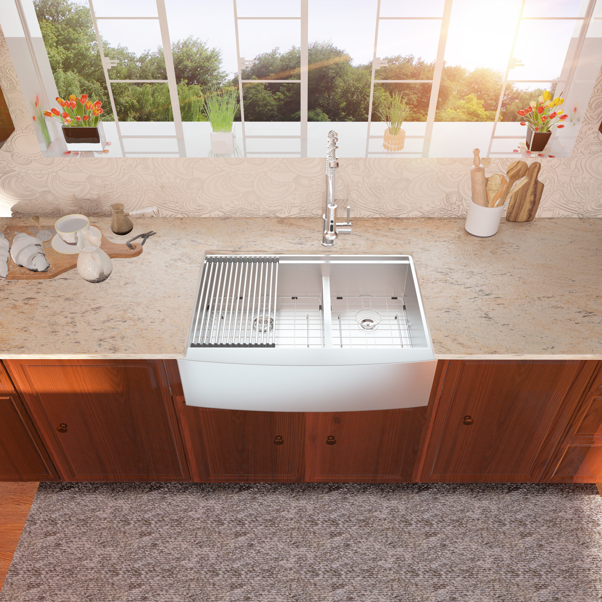 Lordear 33 x 22 Inch Farmhouse Workstation Sink Double Bowl 60/40 Low ...