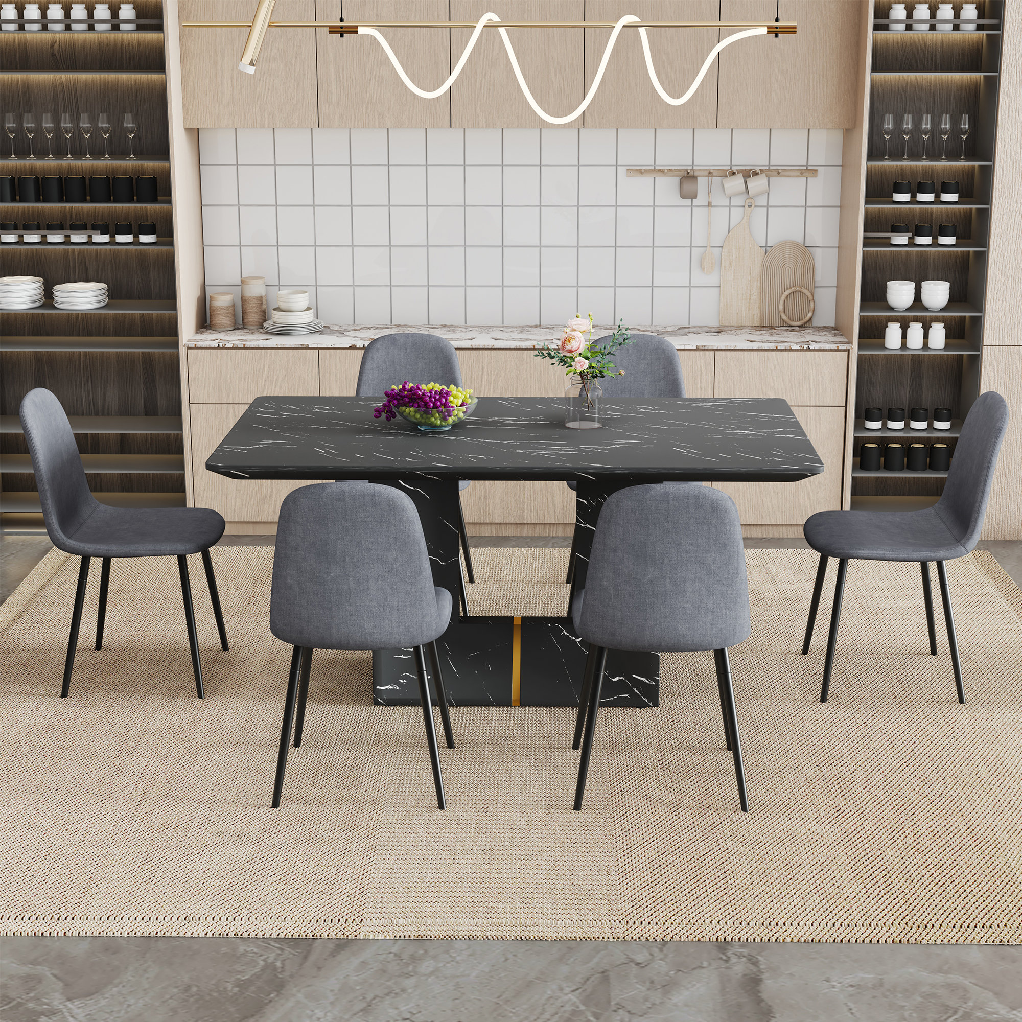 Everly Quinn "x35.4" black marble pattern mdf dining table set with 6 ...