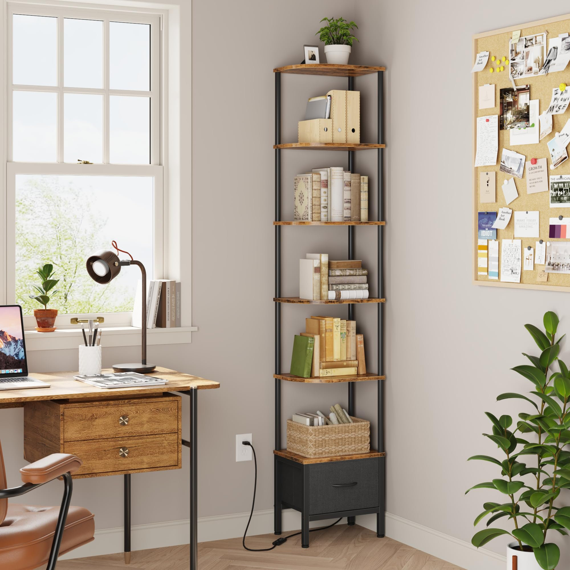 Orren Ellis 4-Tier Corner Shelf With LED Light And Fabric Drawer, 57 ...