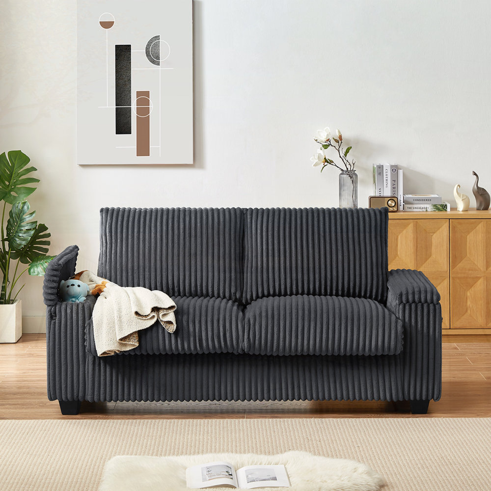 Latitude Run® Corduroy Fabric Sofa with Square Storage Armrest USB port ...