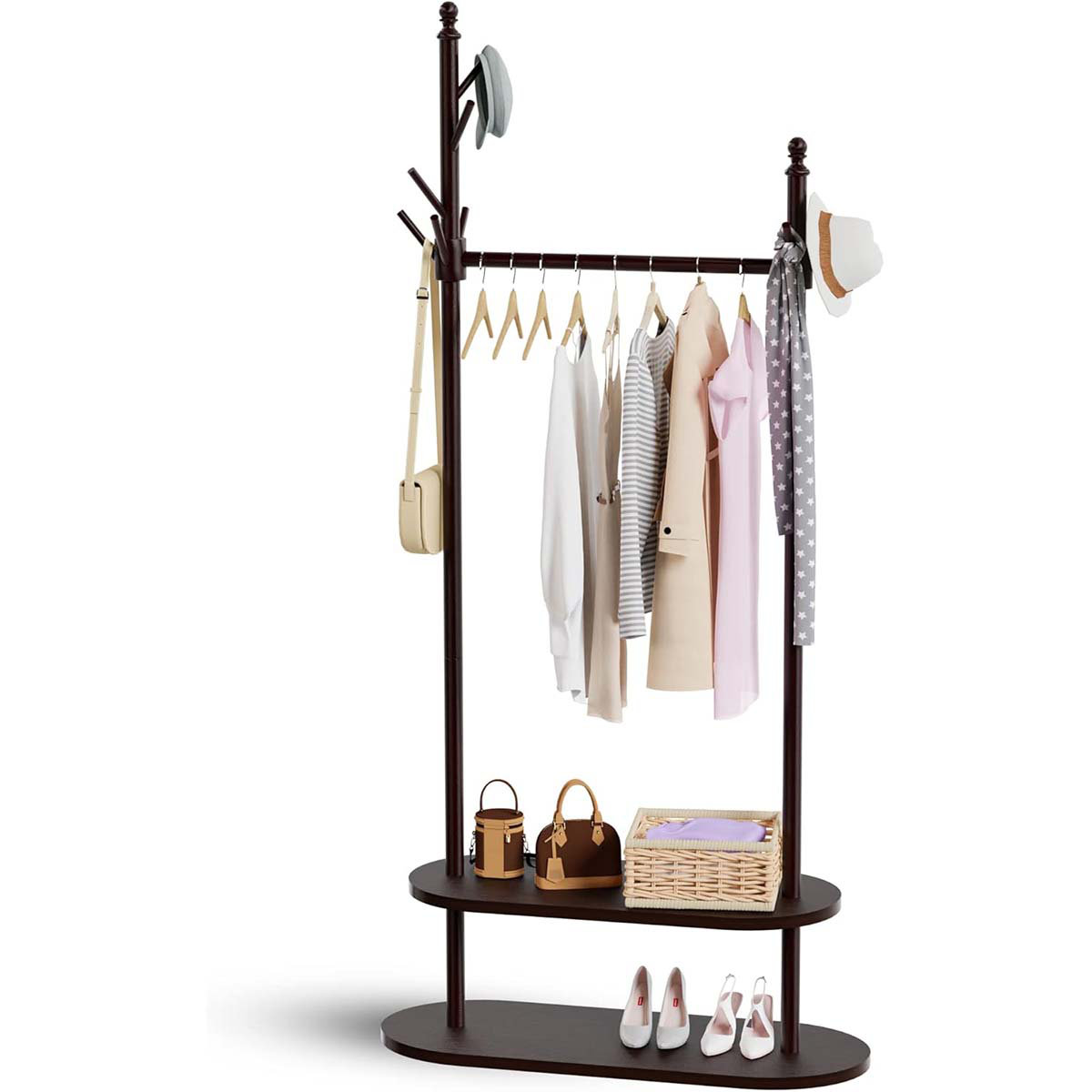 17 Stories 2-Tier Coat Rack Freestanding, Easy Assemble 8 Hooks Wooden ...