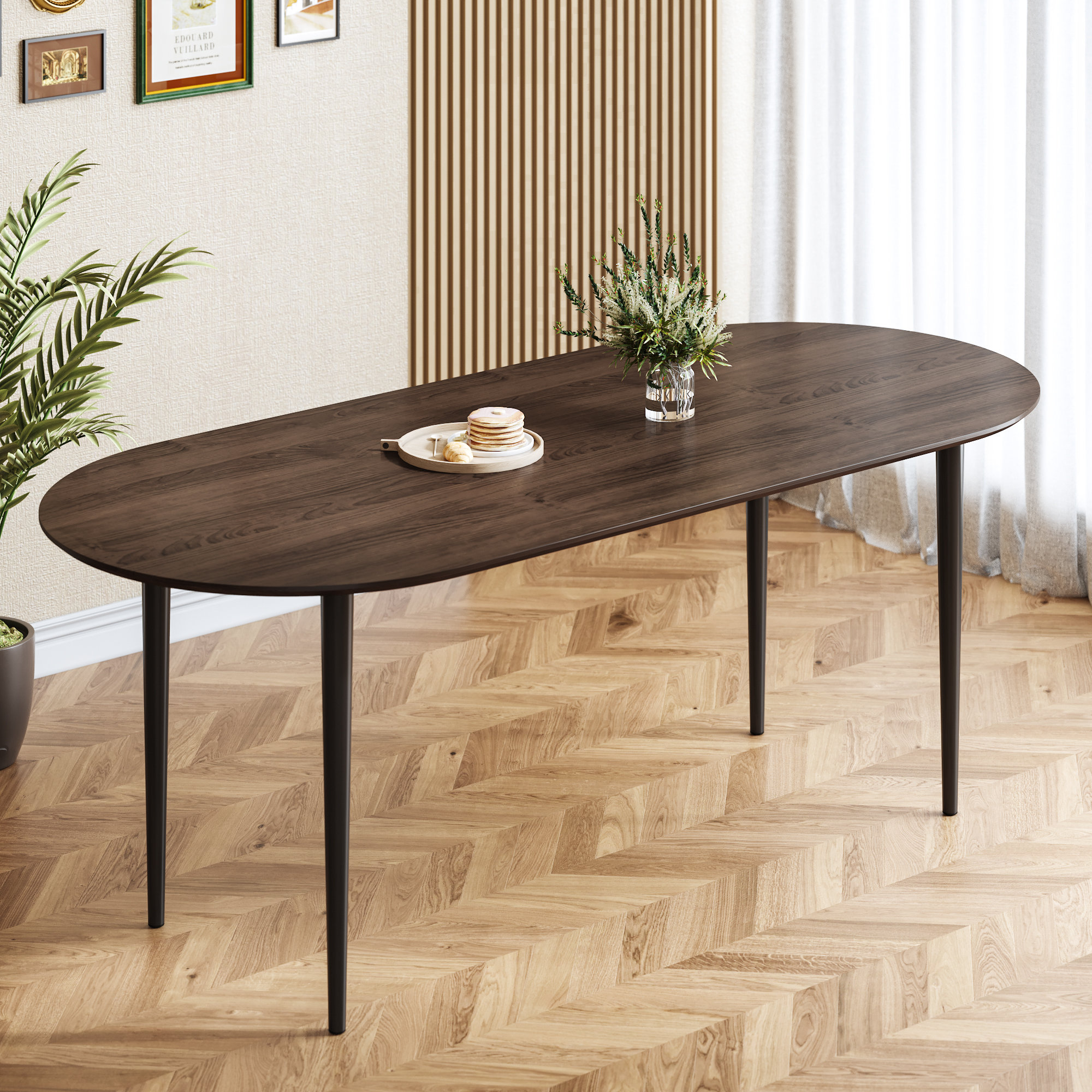 Latitude Run® Solid Wood Oval Dining Table with Four Metal Legs Kitchen ...
