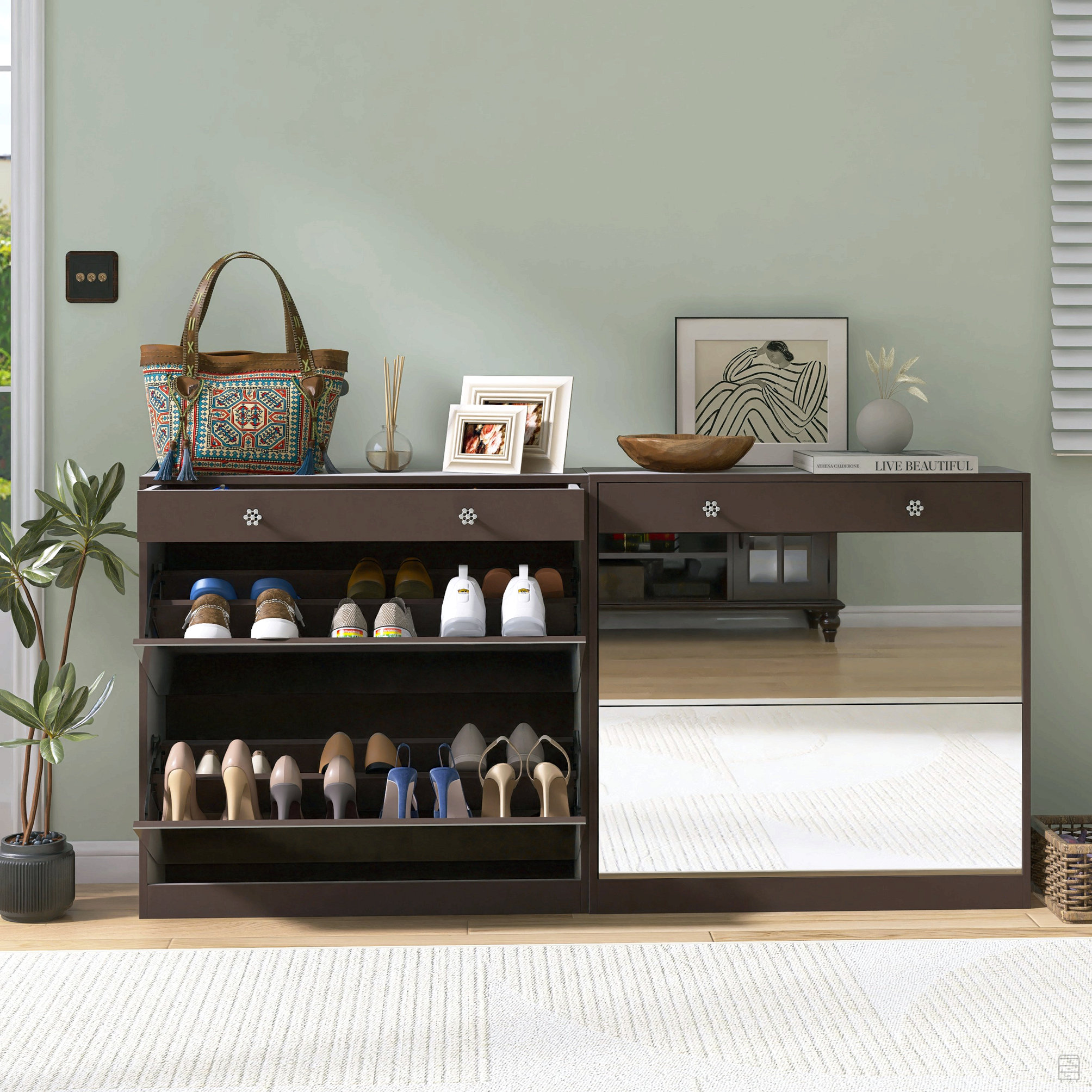 Red Barrel Studio Mirror Shoe Cabinet With 2 Tier Drawers, Shoe Rack ...