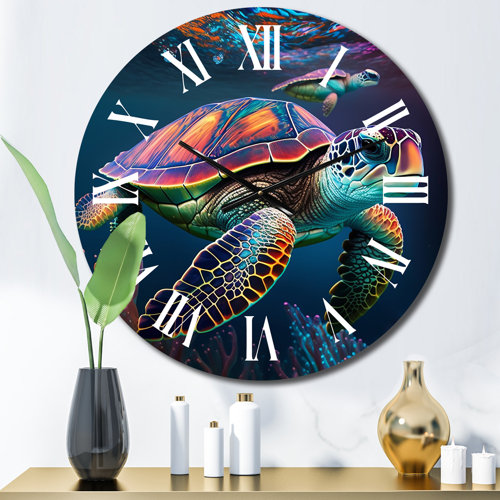 DesignArt Colorful Deep Sea Turtle Portrait I Metal Wall Clock | Wayfair