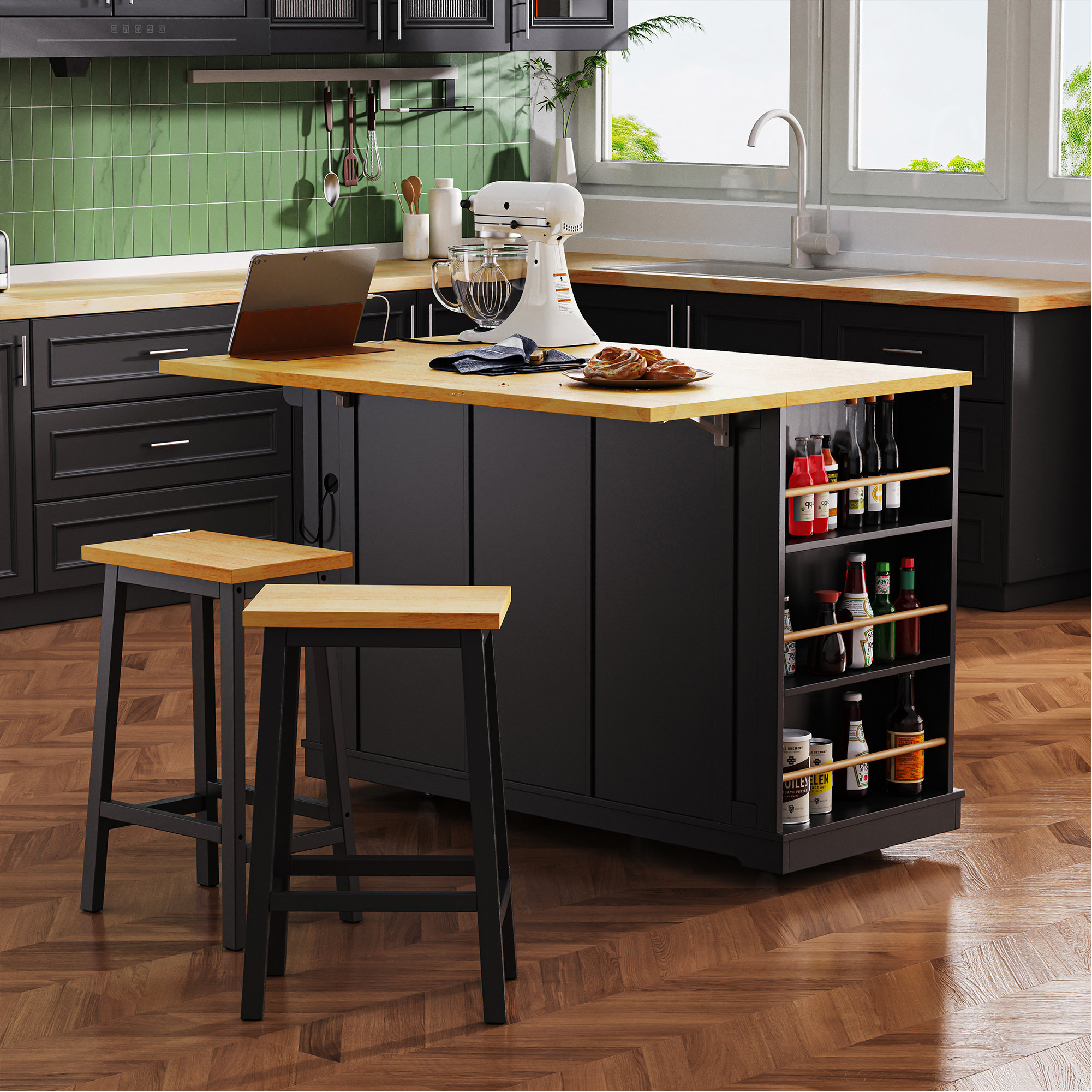 Lark Manor™ 53Inch Large Kitchen Island With 2 Bar Stools, Power Outlet ...