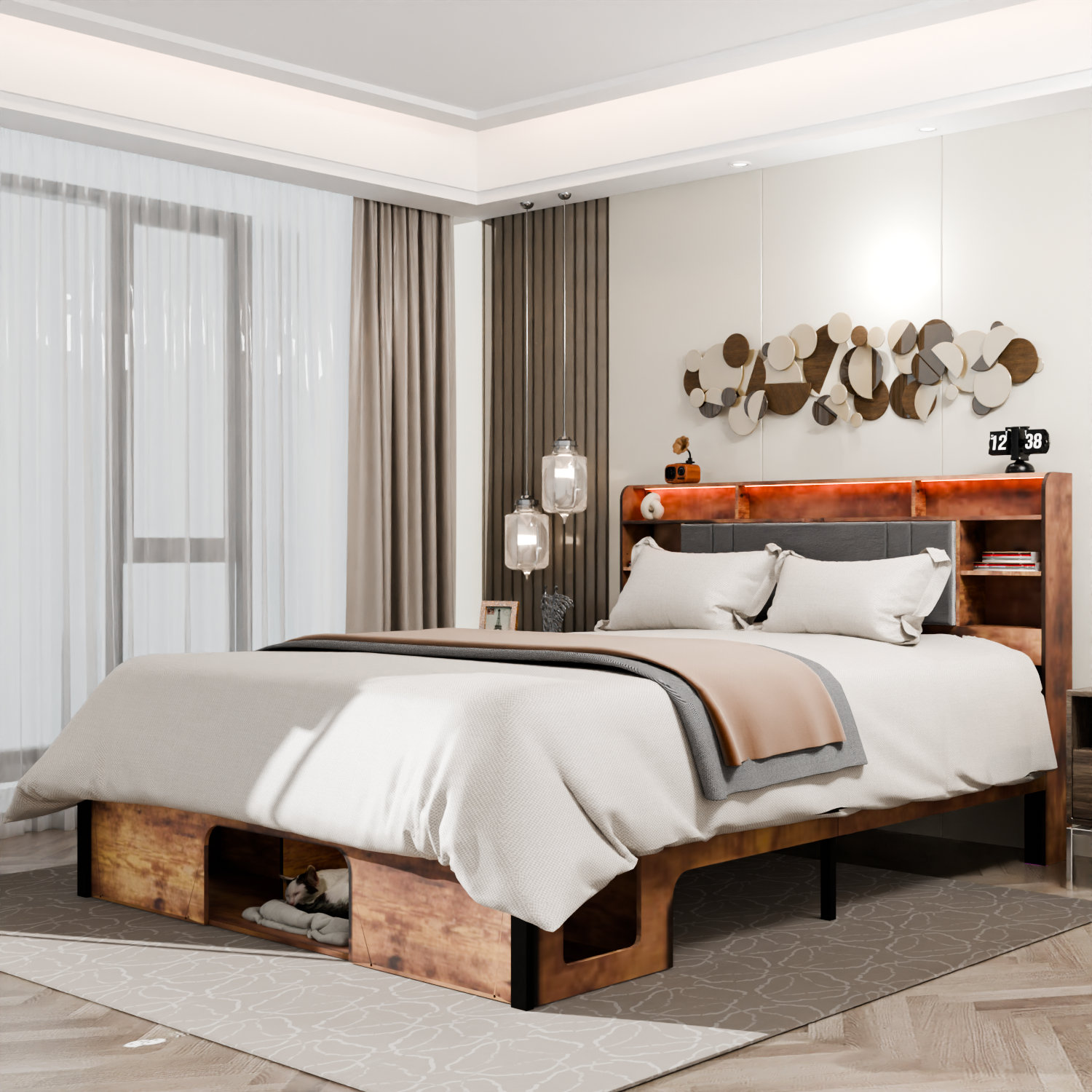 17 Stories Brown Rustic Queen Bed Frame With Padded Headboard & Storage ...